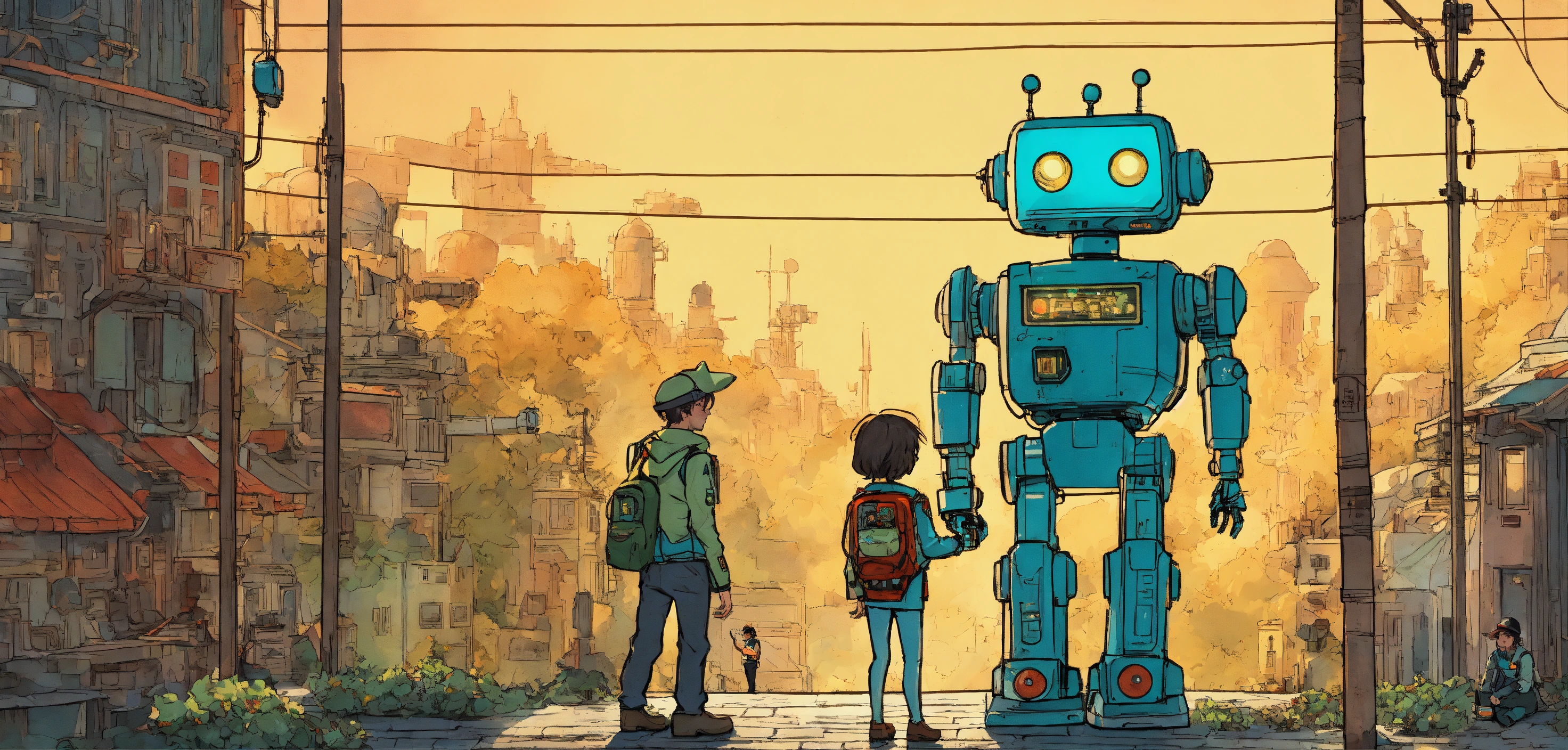 Lexica - Futurepunk man and robot hugging each other, sunny day ...