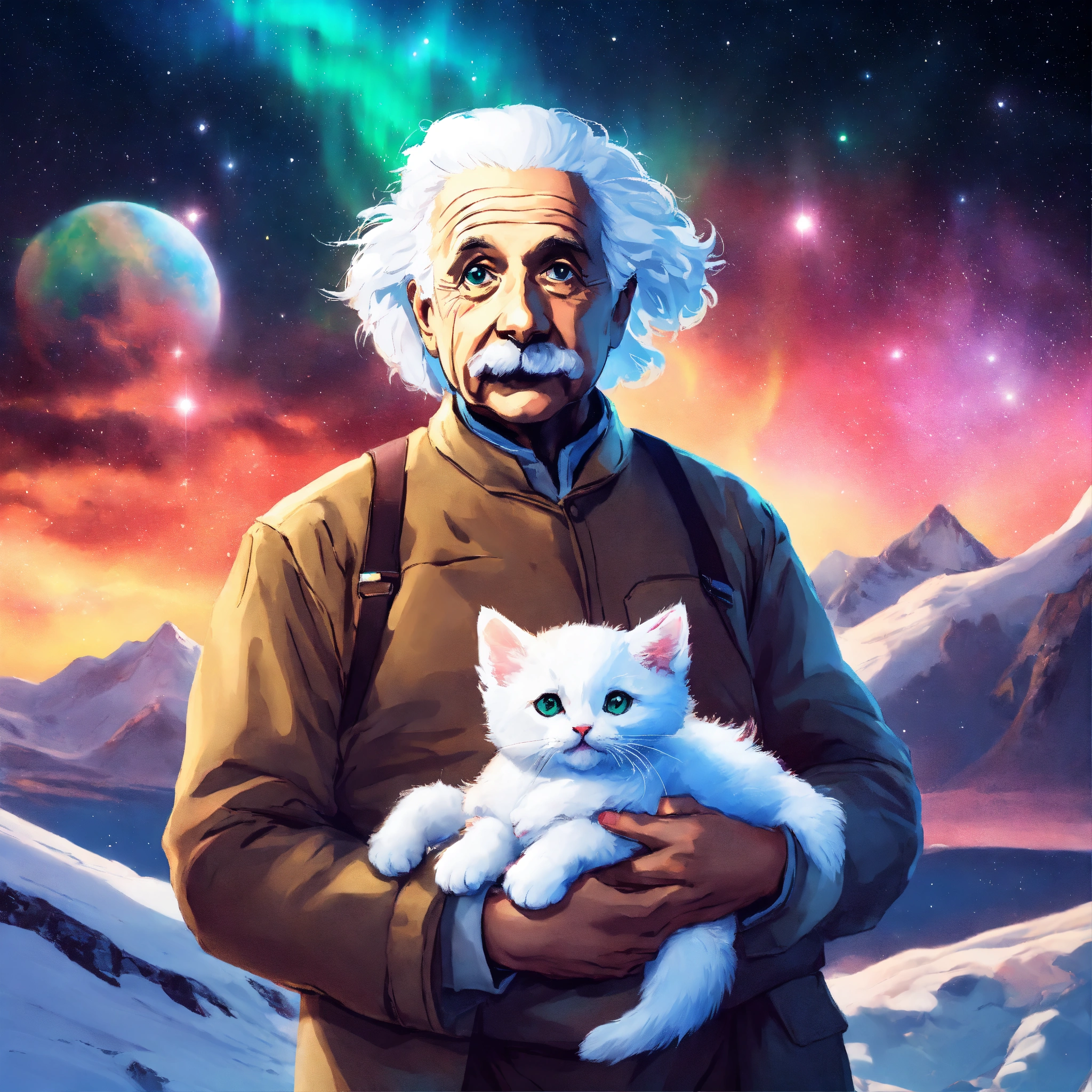 Lexica - Albert einstein holding a white cute kitten with aurora ...