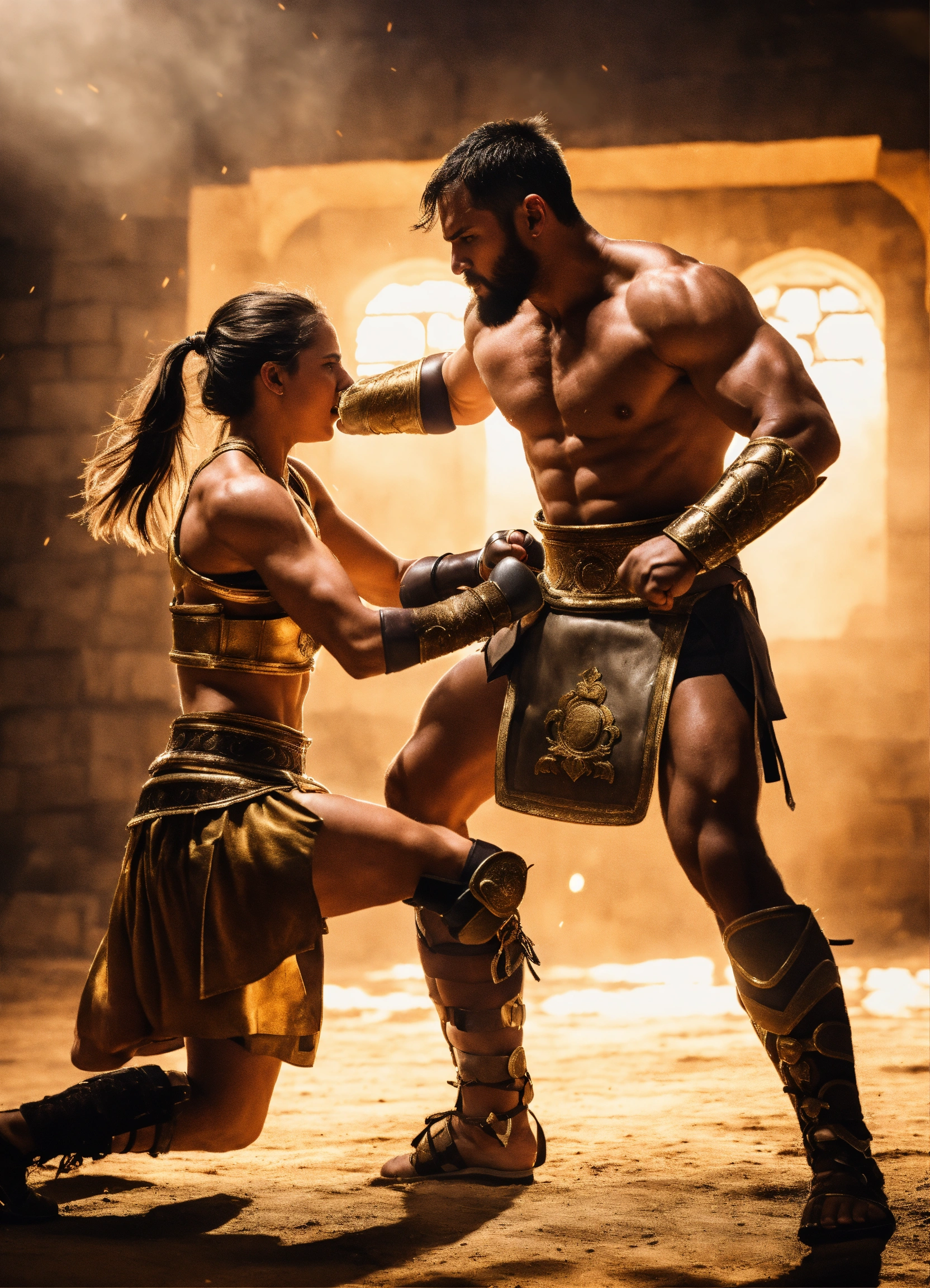 Lexica - Athletic female gladiator defeating male gladiator by punching ...