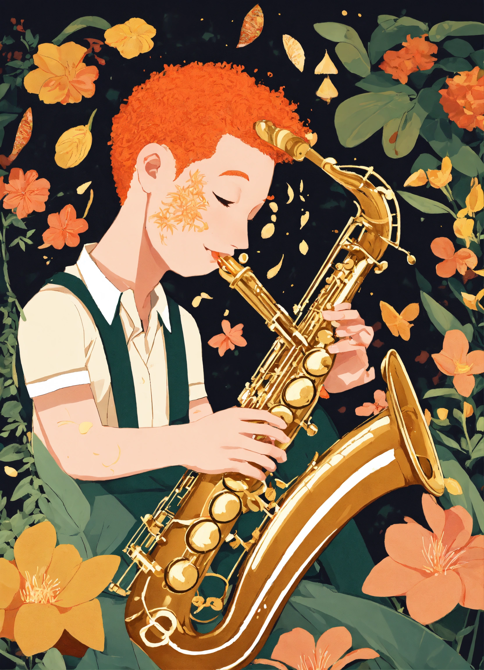 Lexica - Ginger male playing a saxophone from which musical notes and ...