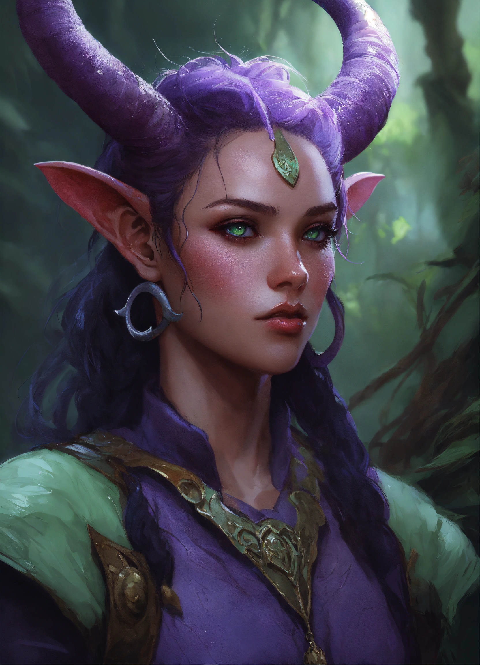 Lexica - Purple tiefling, twohorns curved back, pale mint green eyes ...
