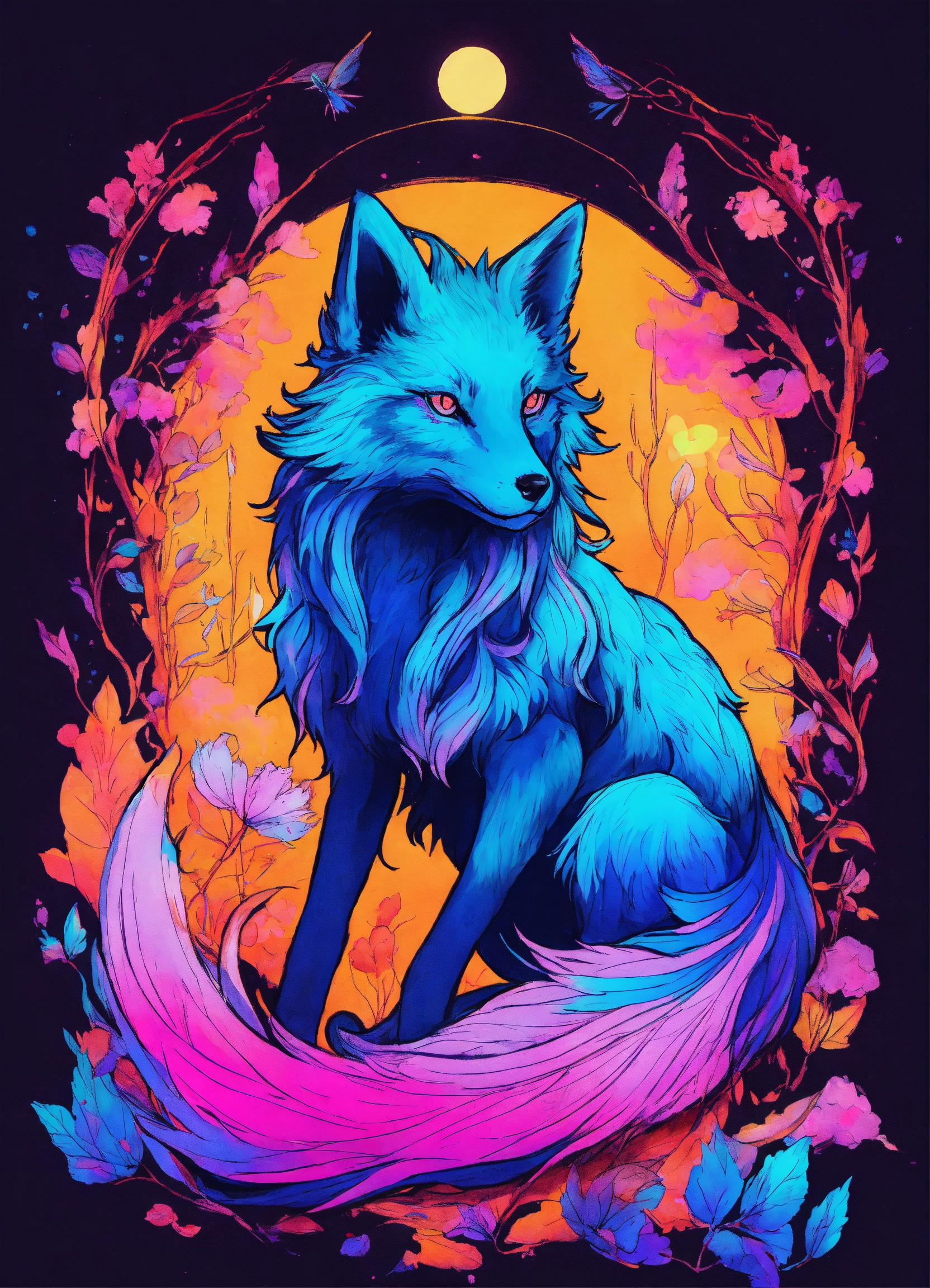 Lexica - INK DRAWING MYSTICAL and magical Kitsune in fluo colour blend ...