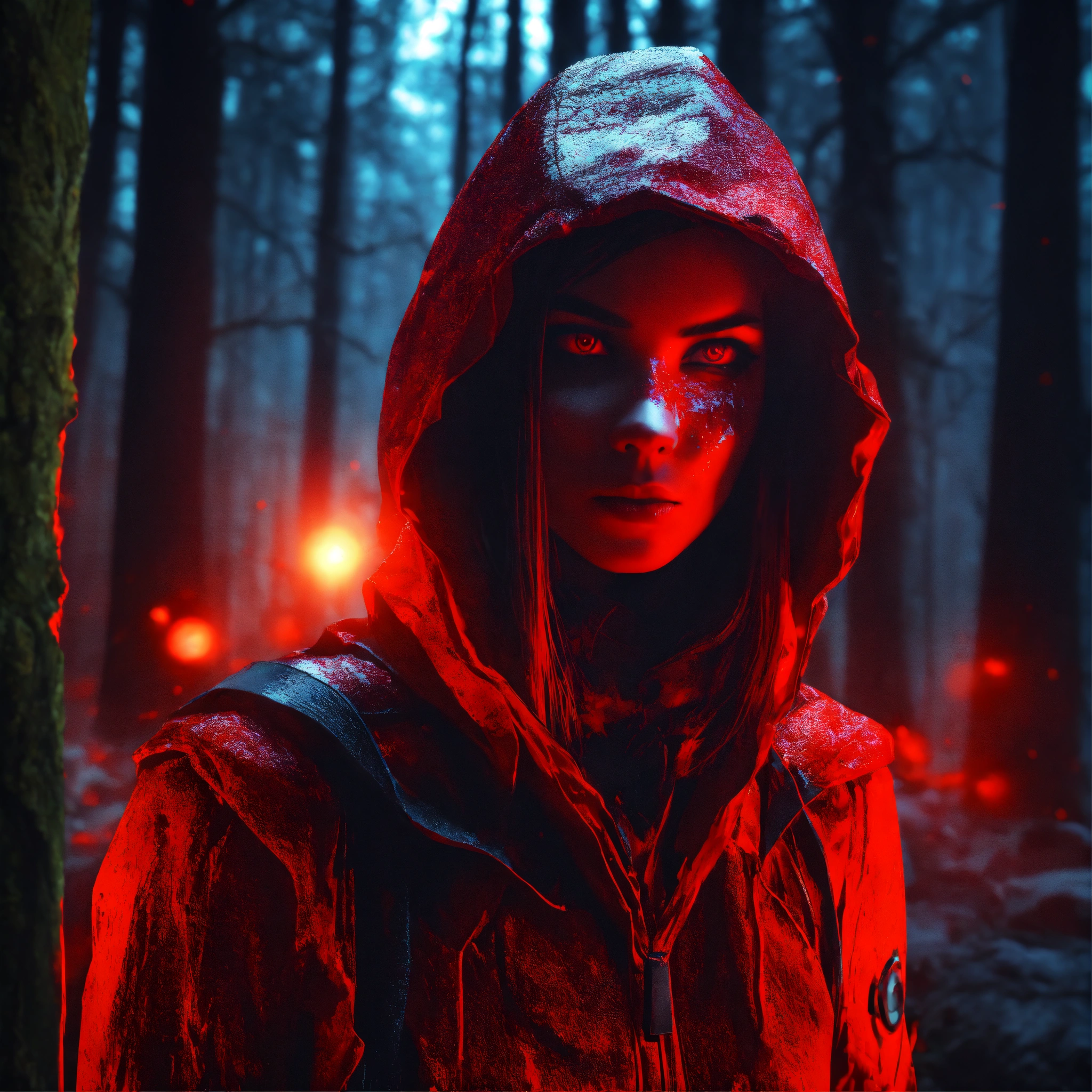 Lexica - Eerie girl in a supervillain-like red hood, glowy red eyes, in ...