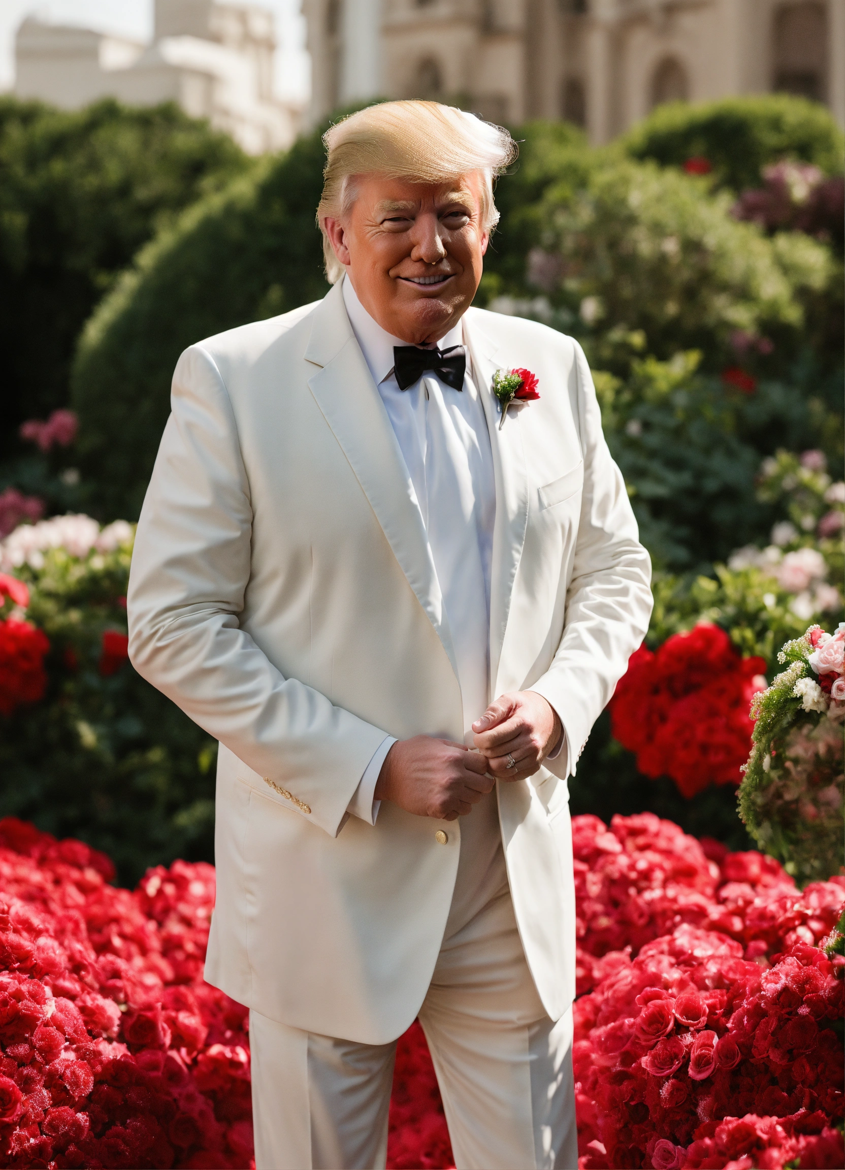 Lexica - Photo realistic shot of donald trump in a white suit getting ...