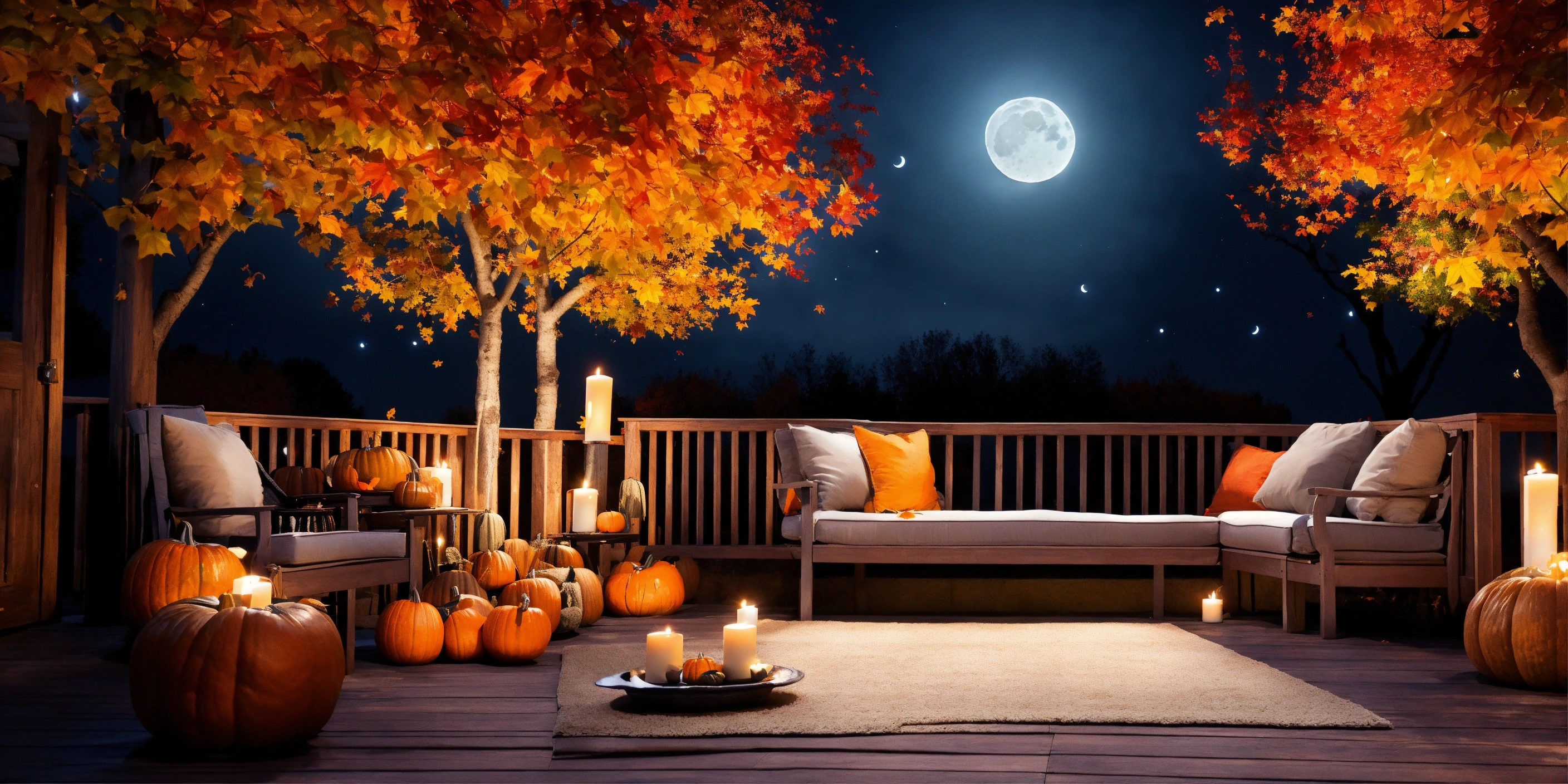 Lexica - Fall theme patio, big comfy couch, fluffy rug, fall leaves ...