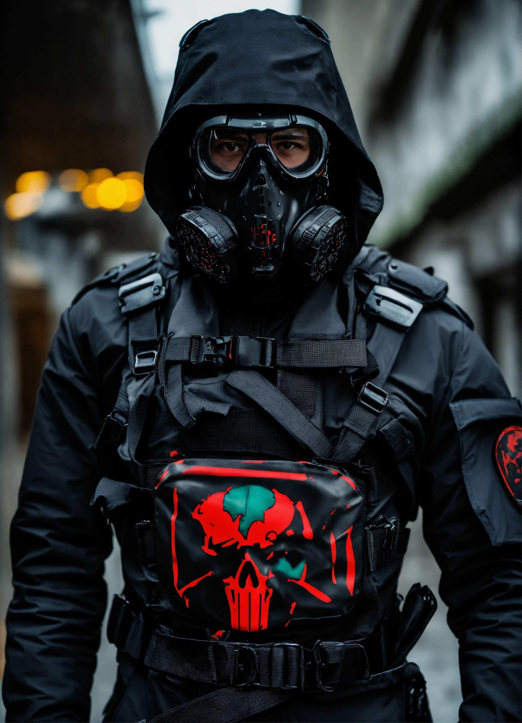 Lexica - A man wearing a full face mask that is black with a white ...