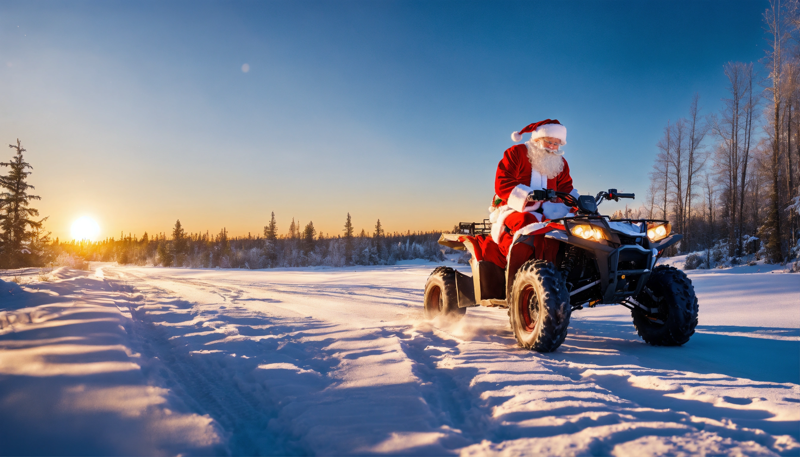 Lexica - Santa Claus with big sack bag rides along a snowy road on an ...