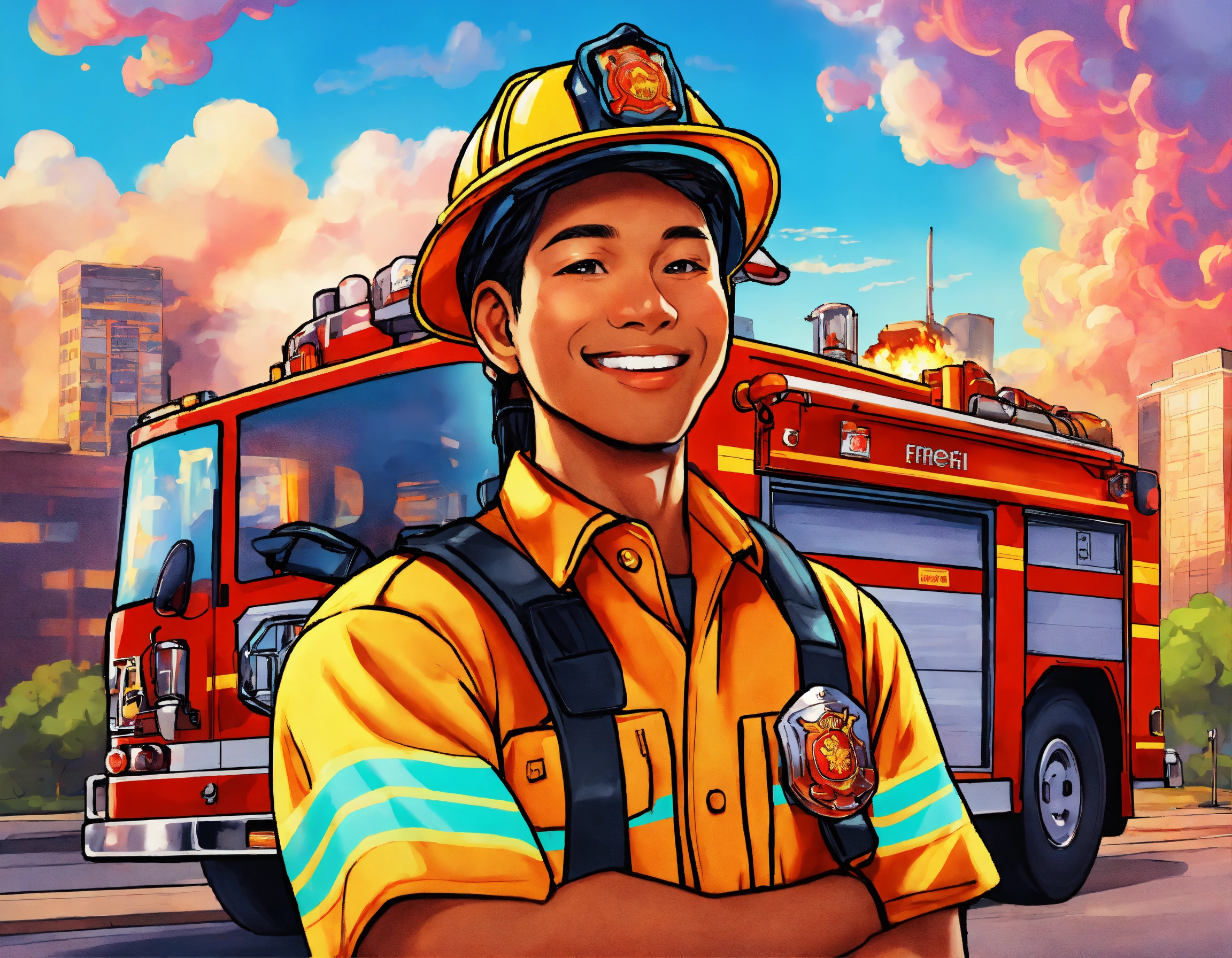 Lexica - A firefighter, smiling, Indonesian face, background in front ...