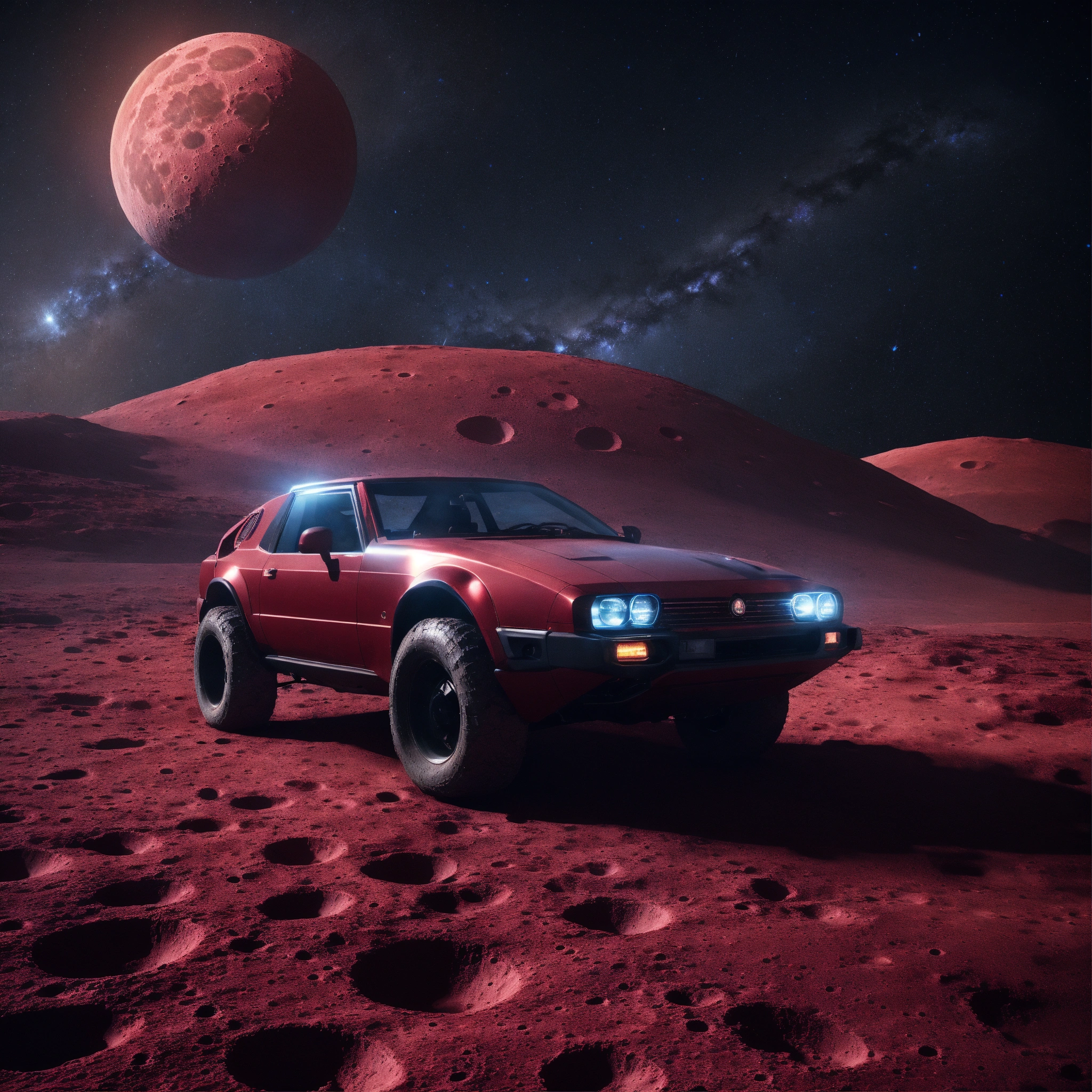 Lexica - A dark red auto traveling on the surface of the moon, moon ...