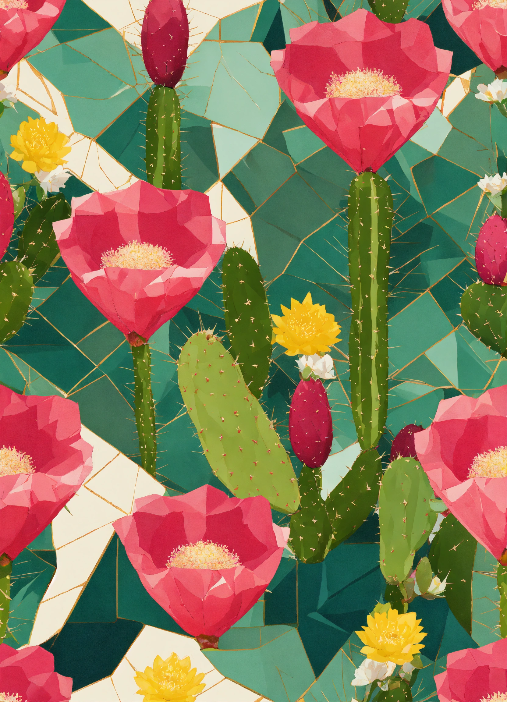 Lexica - Prickly pear cactus with flowers geometric art