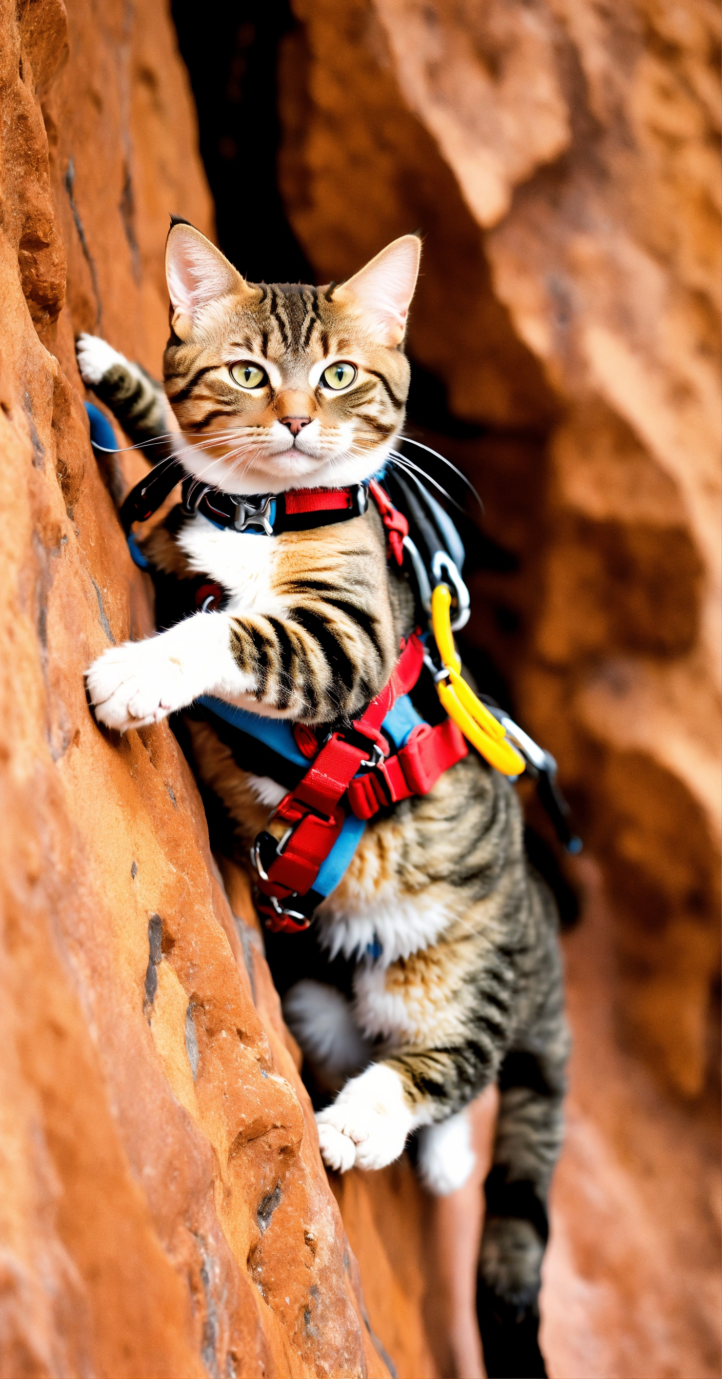 Lexica - Generate a picture of an adrenaline junkie cat rock climbing a ...