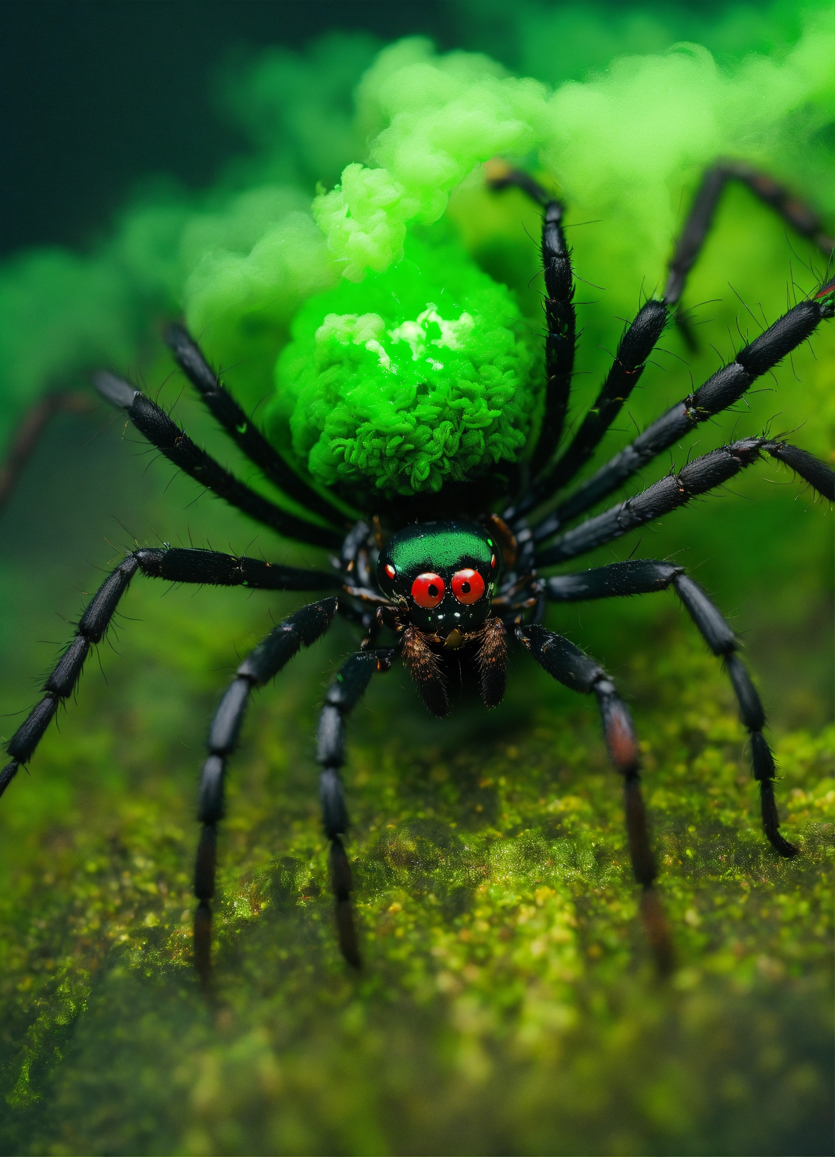 Lexica - Black widow spider with green smoke around her, neon green ...