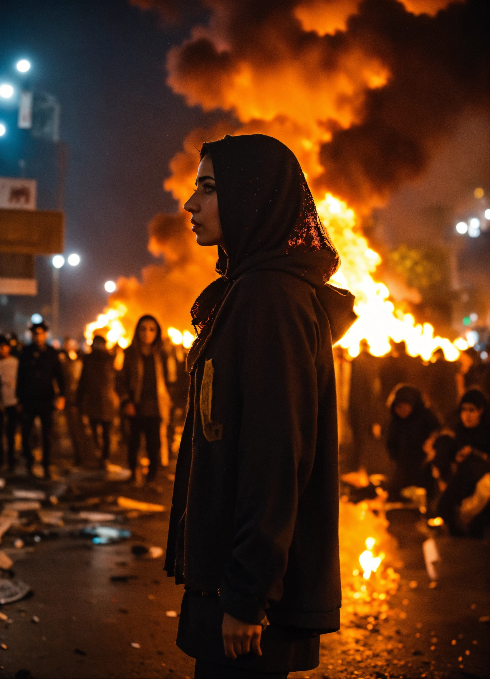 Lexica - Dark aesthetic photo, an Iranian girl amidst a chaotic street ...