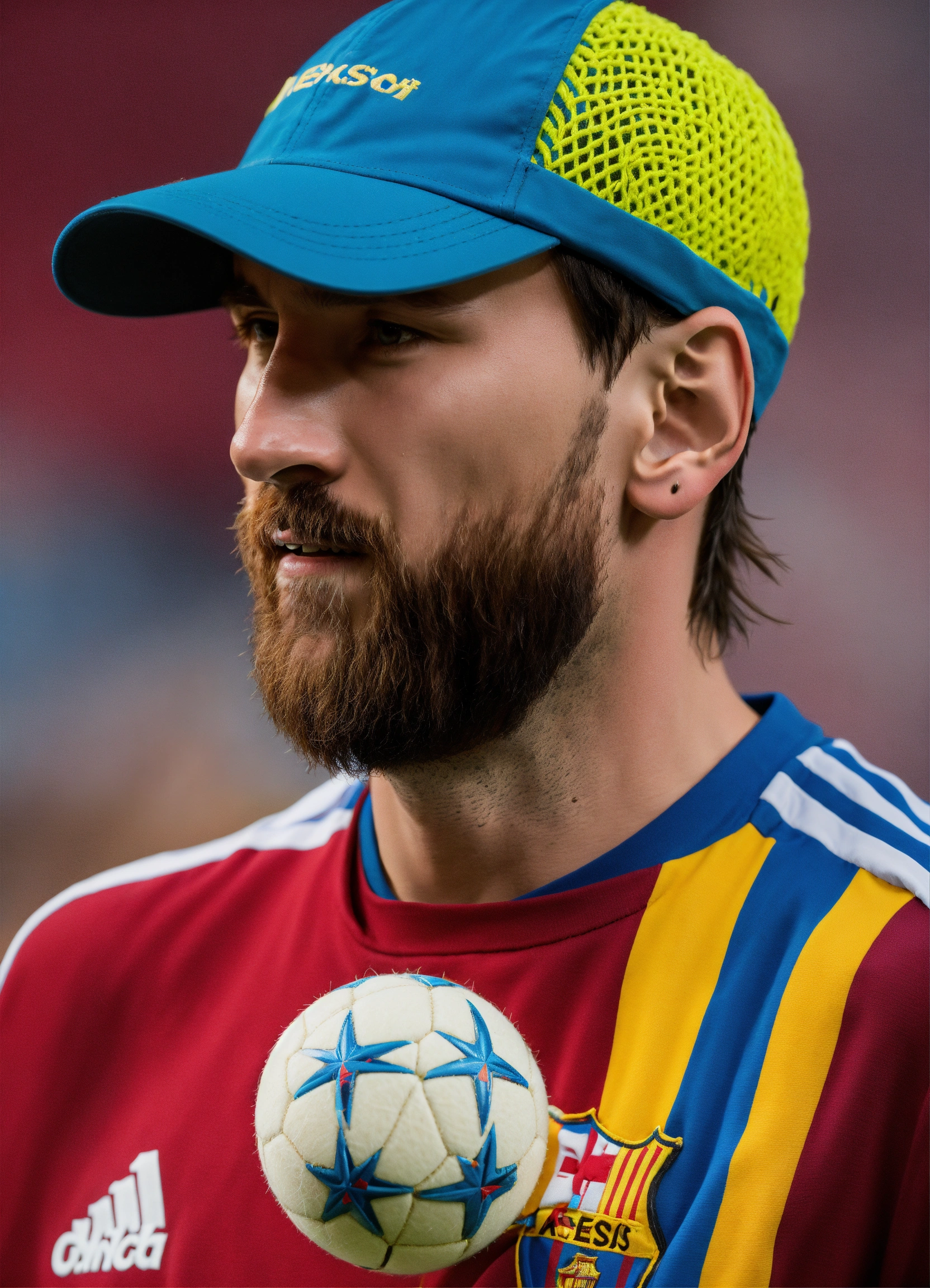 Lexica - Messi con gorra y pelota de tenis, primer plano