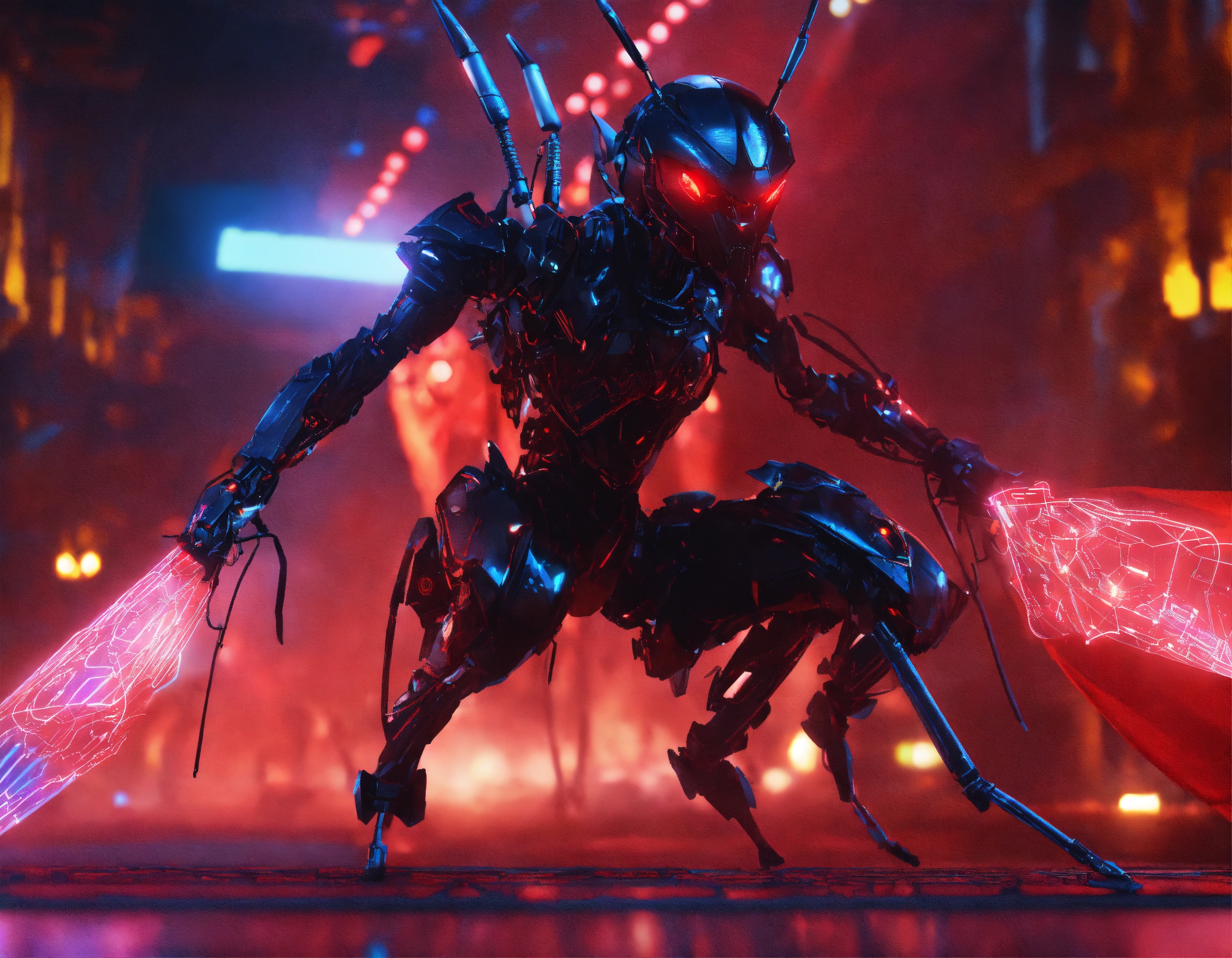 Lexica - Zoom out scene of 4 leg 2 arm standing black ant faced ...