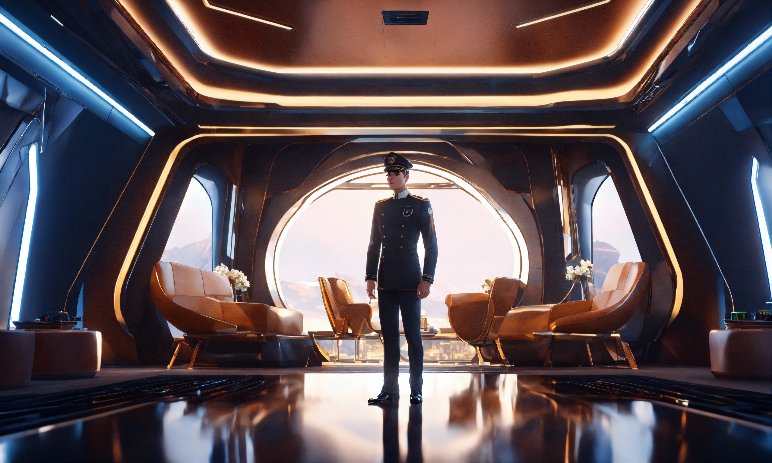 Lexica - A young valet with futuristic bellhop uniform offers to dock ...