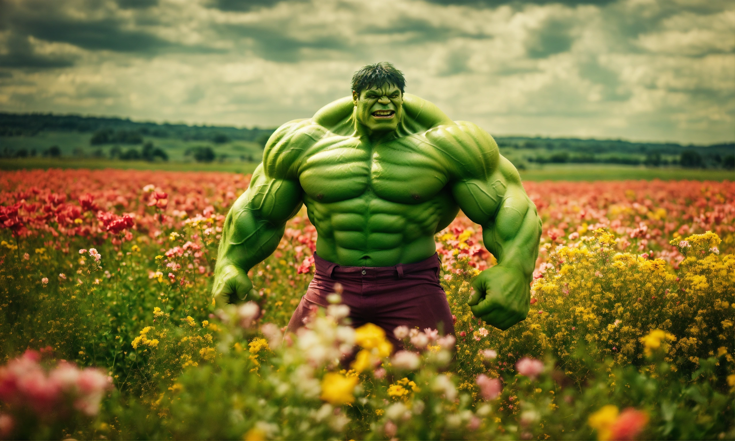 Lexica - Happy Hulk standing in a beautiful field of flowers, washed ...