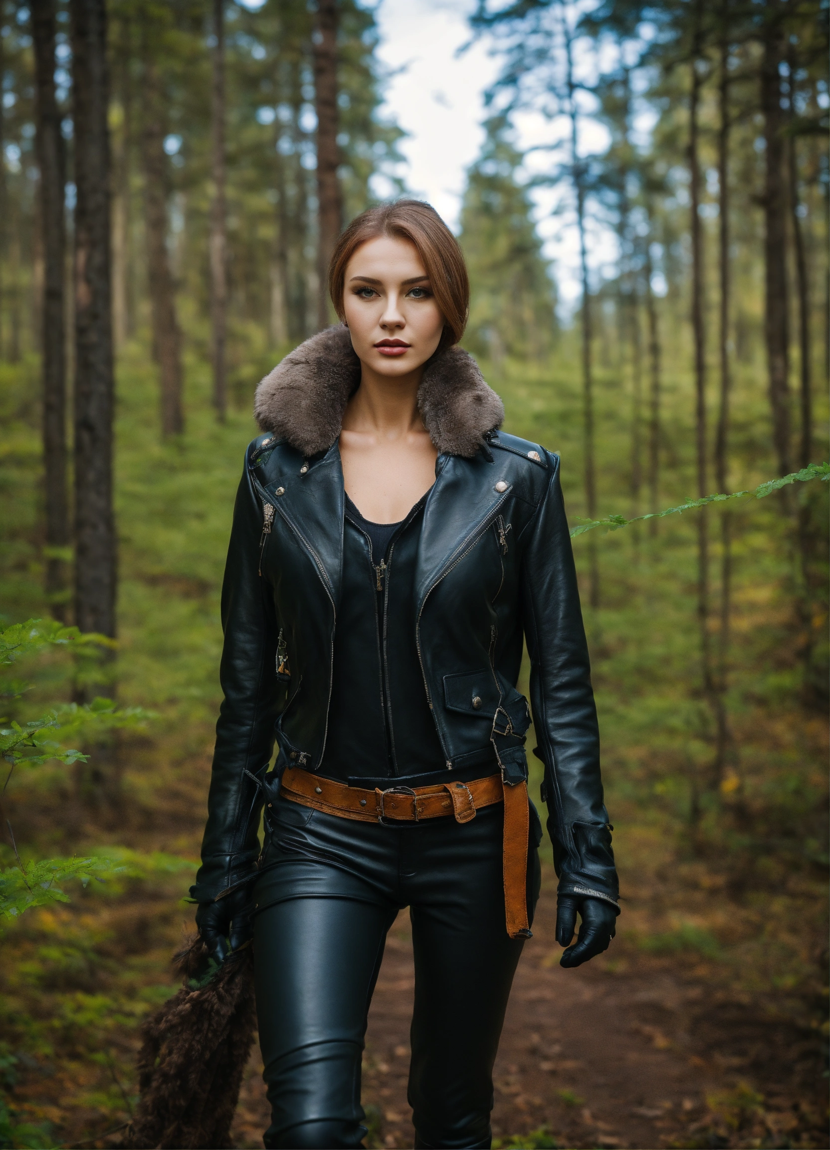 Lexica - A beautifull russian huntress wearing black leather jacket ...