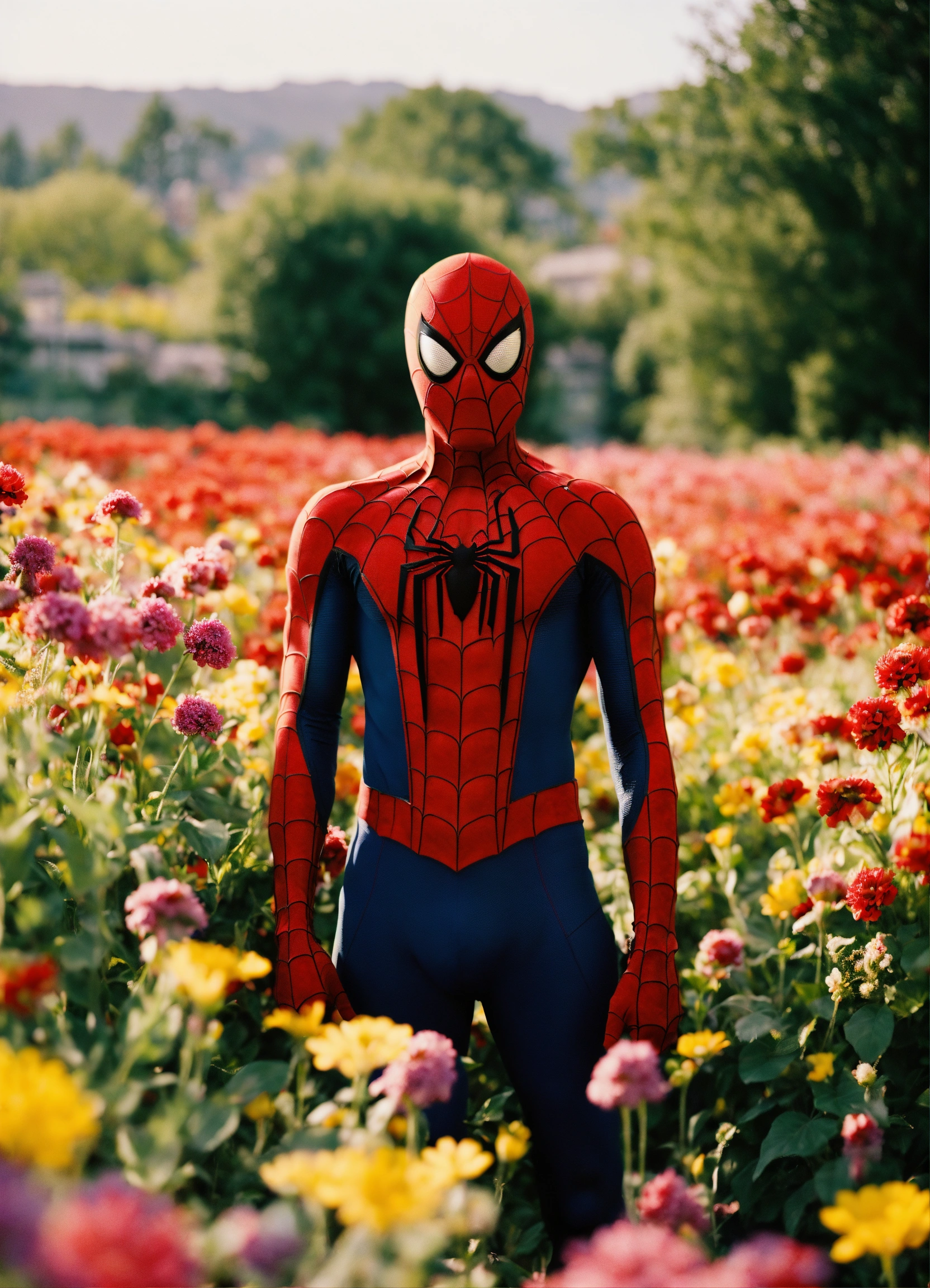 Lexica - Happy Spider-Man standing in a beautiful field of flowers ...