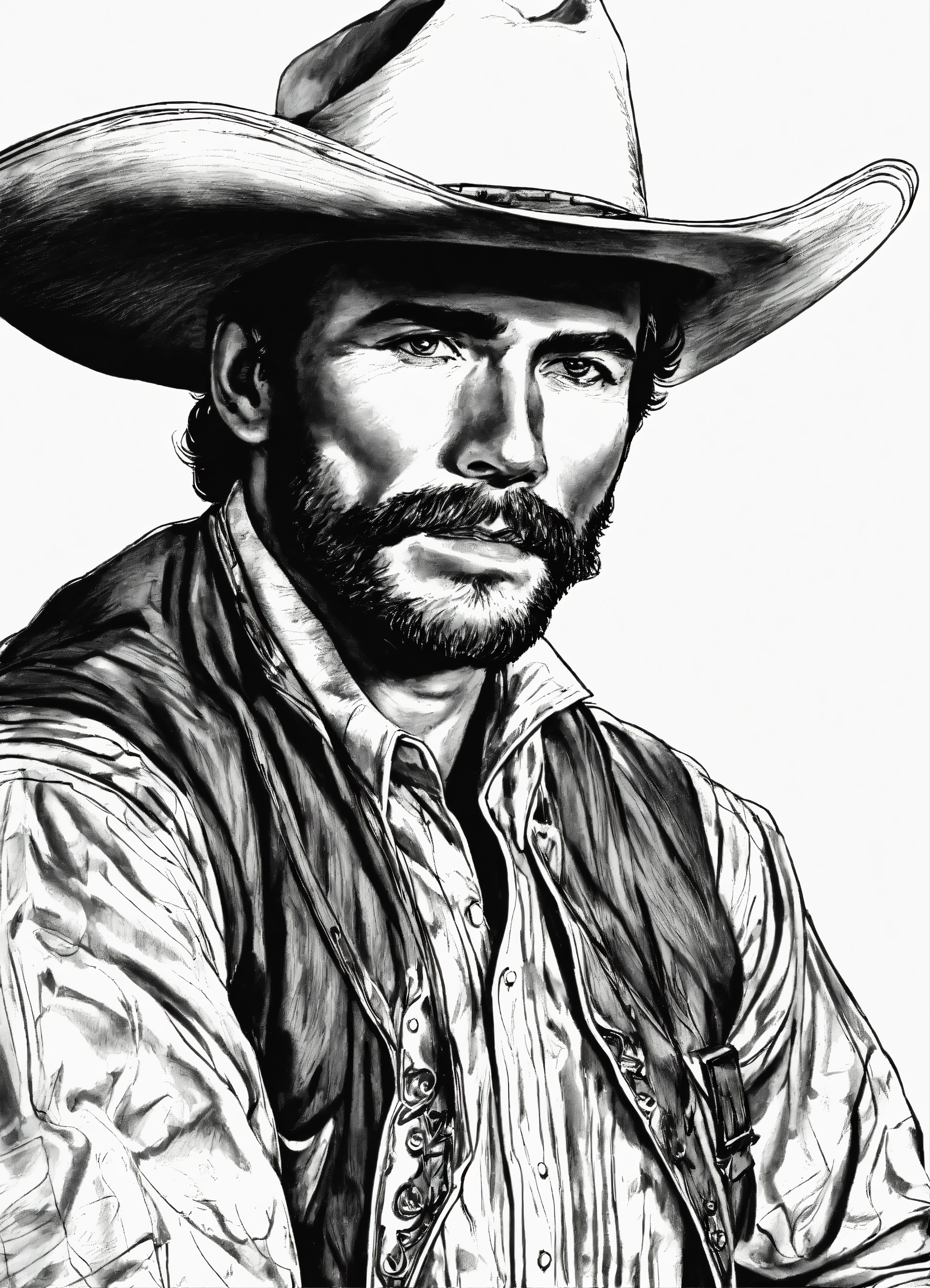 Lexica - Black and white line drawing of vaquero man, upper body, white ...