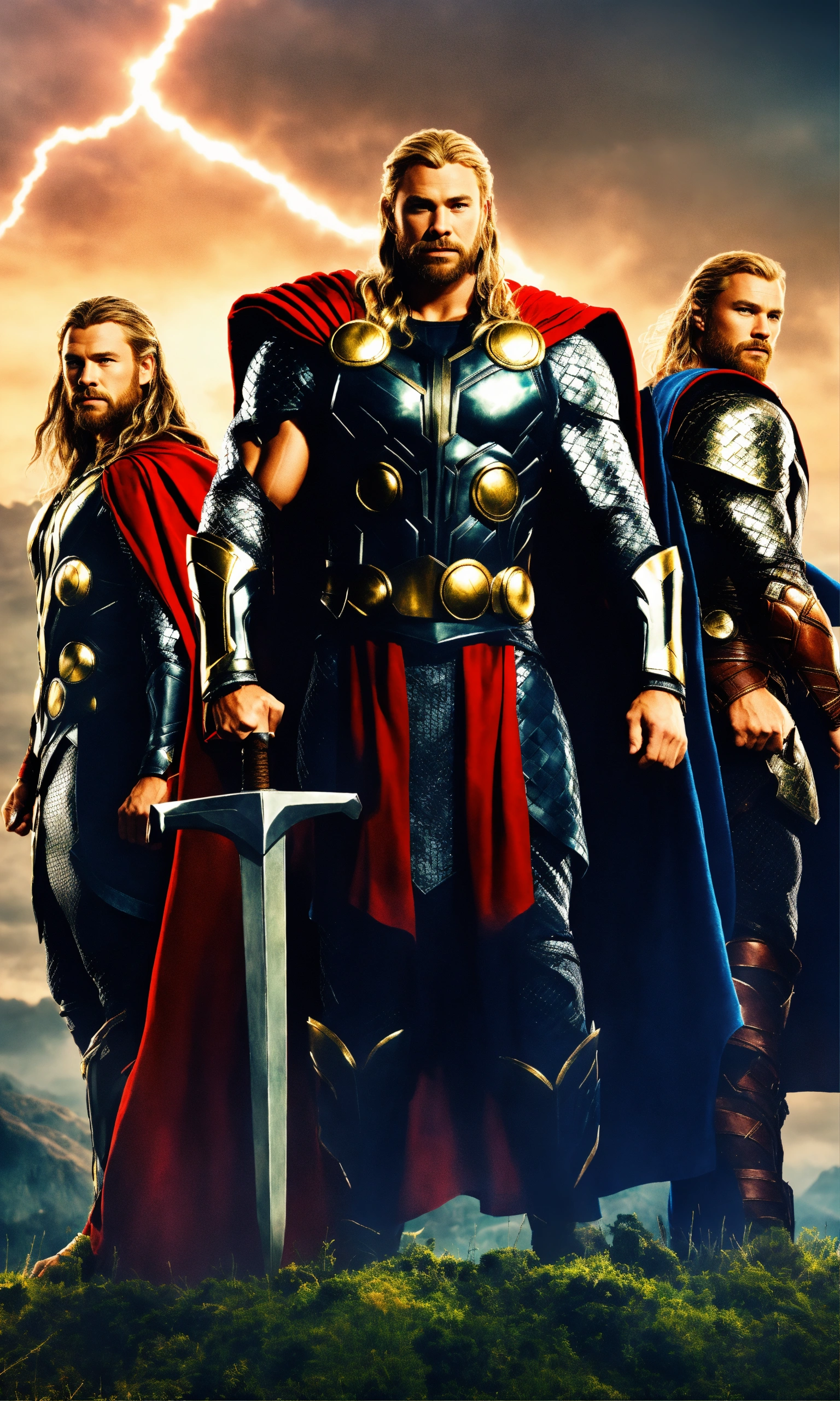 Lexica - 3 Thor standing together, nature background, 2D render