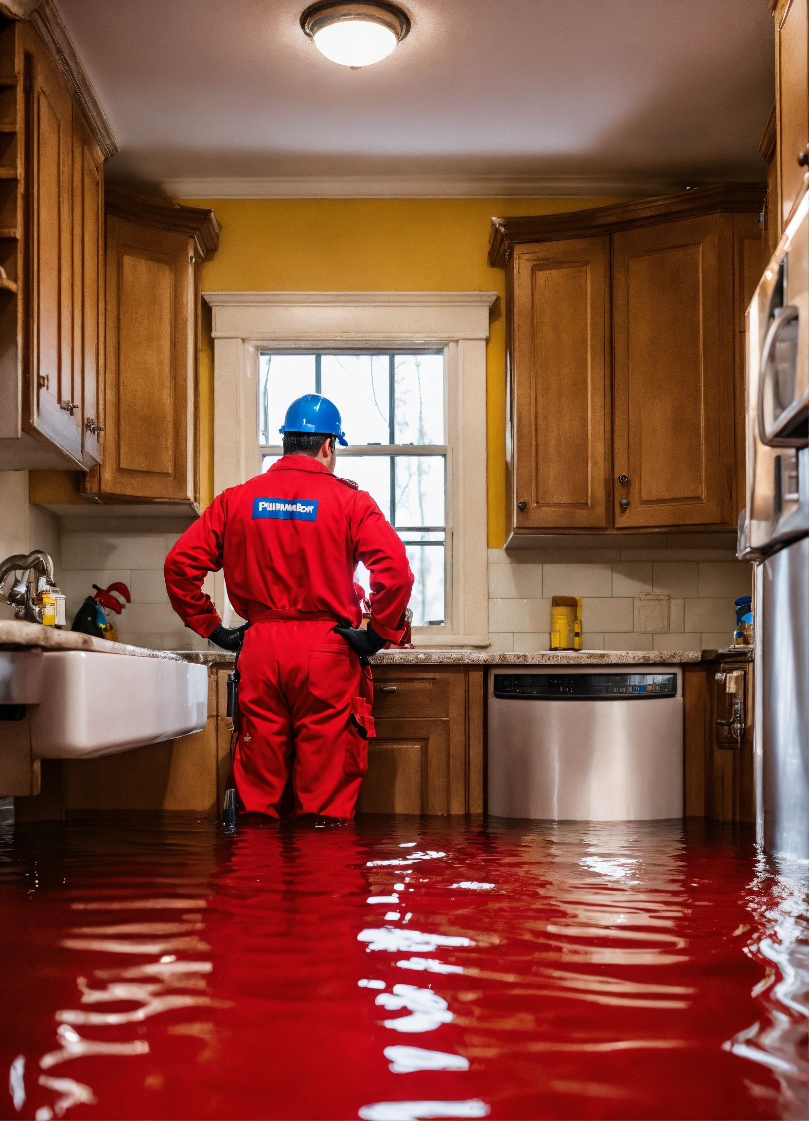 Lexica - A plumber in a red outfit stands inside a flooded kitchen.