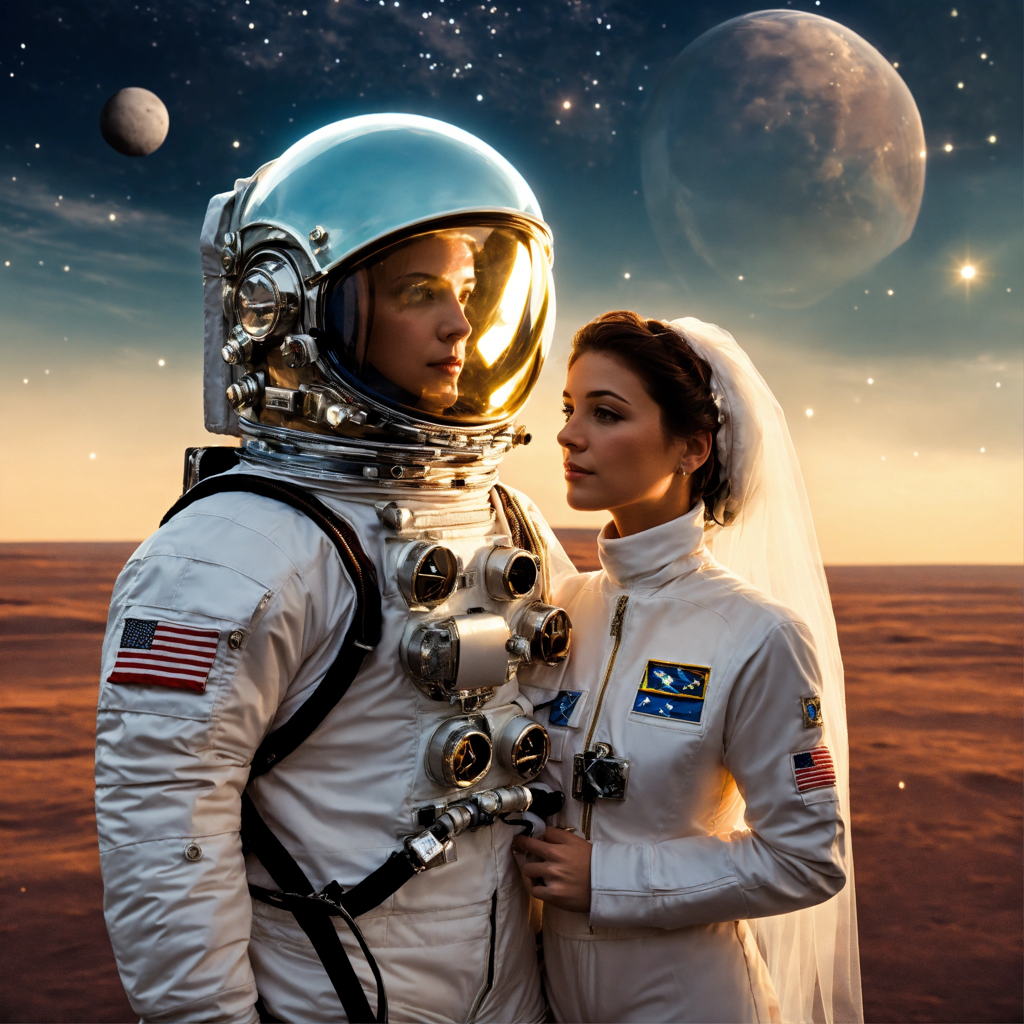 Lexica - Astronaut, realistic, the bride with astronaut helmet and groom