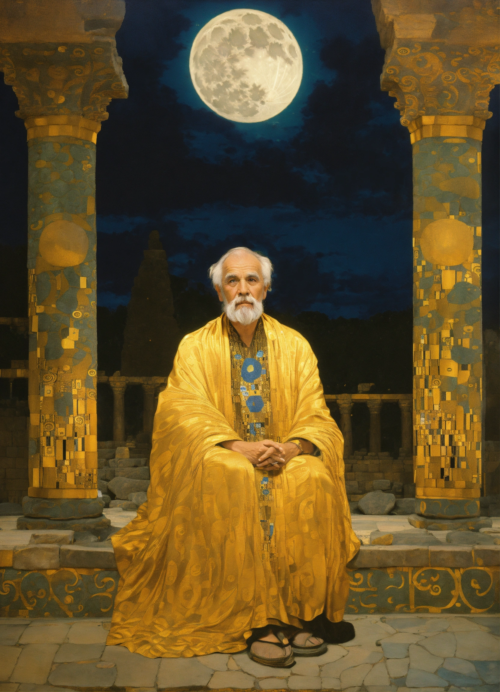 Lexica - A wise elder sitting in ancient temple ruins with ethereal ...