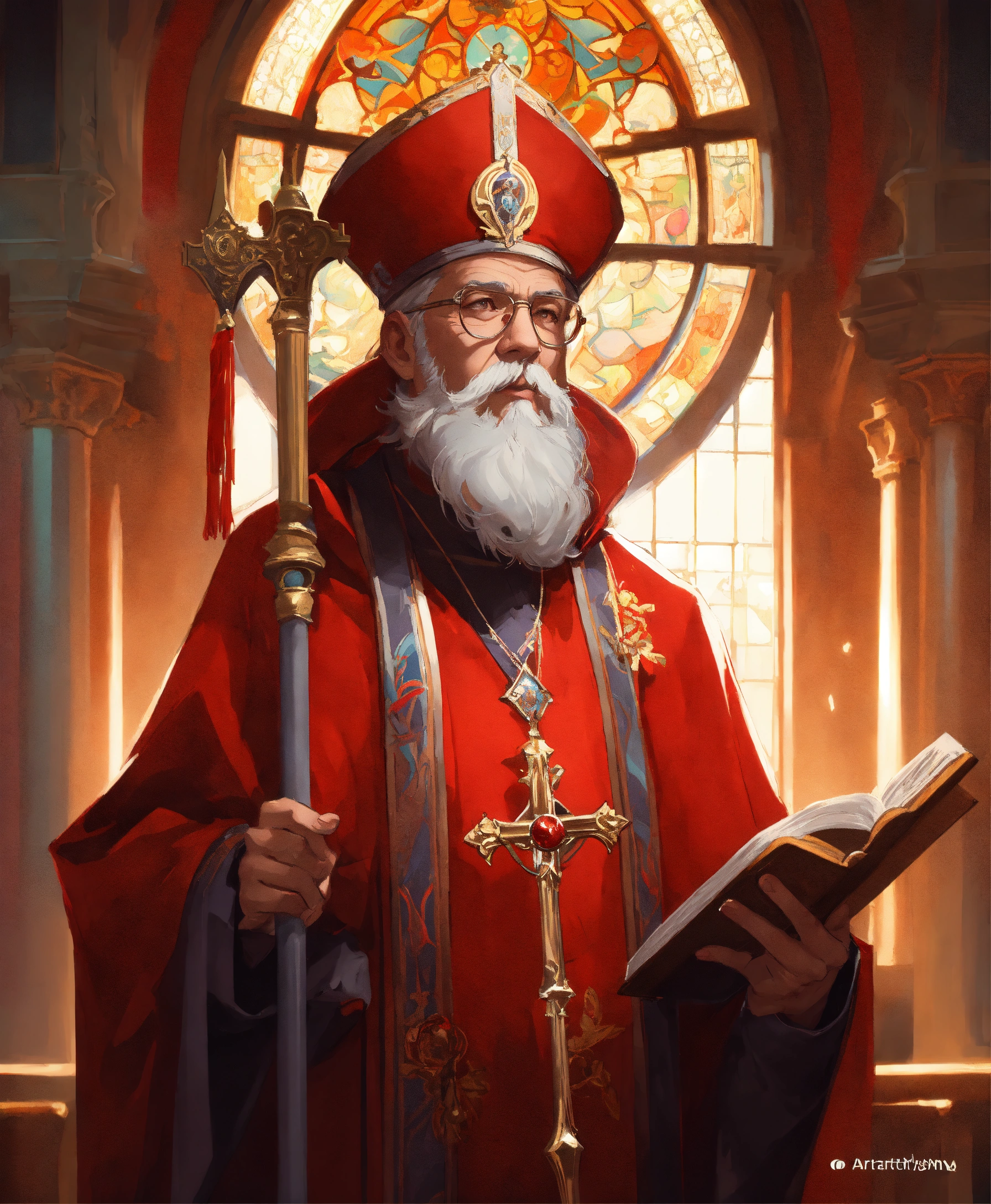 Lexica - Male old wise bishop with bishop hat grey hair with bible and ...