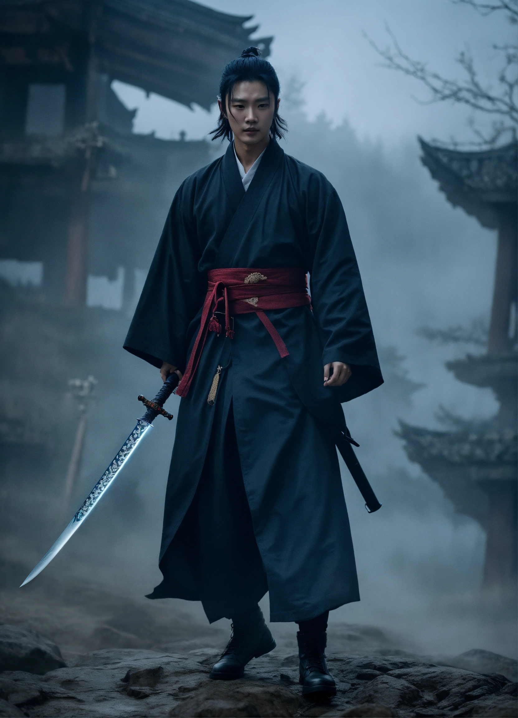Lexica - Hwang Hyunjin carrying a shadow sword through the mist