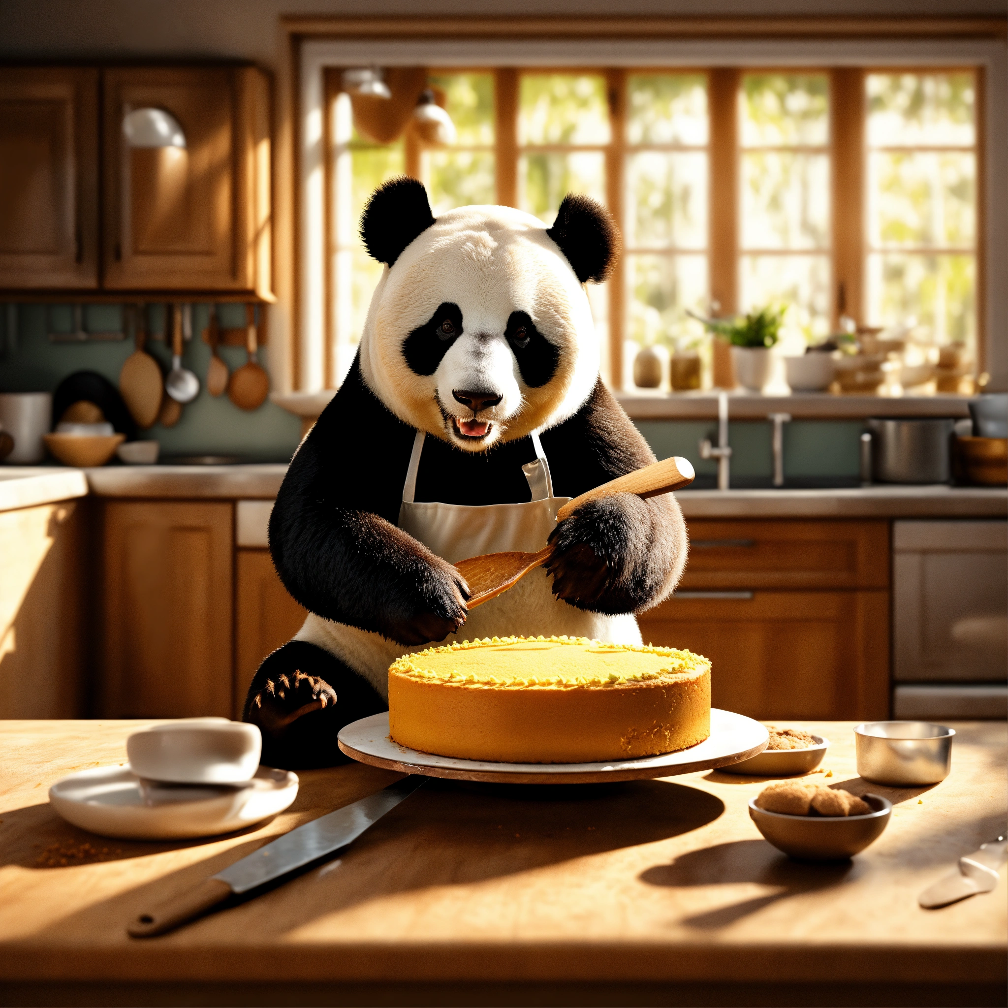 Lexica - A panda bear baking a cake in a sunny kitchen, 8k, extremely ...