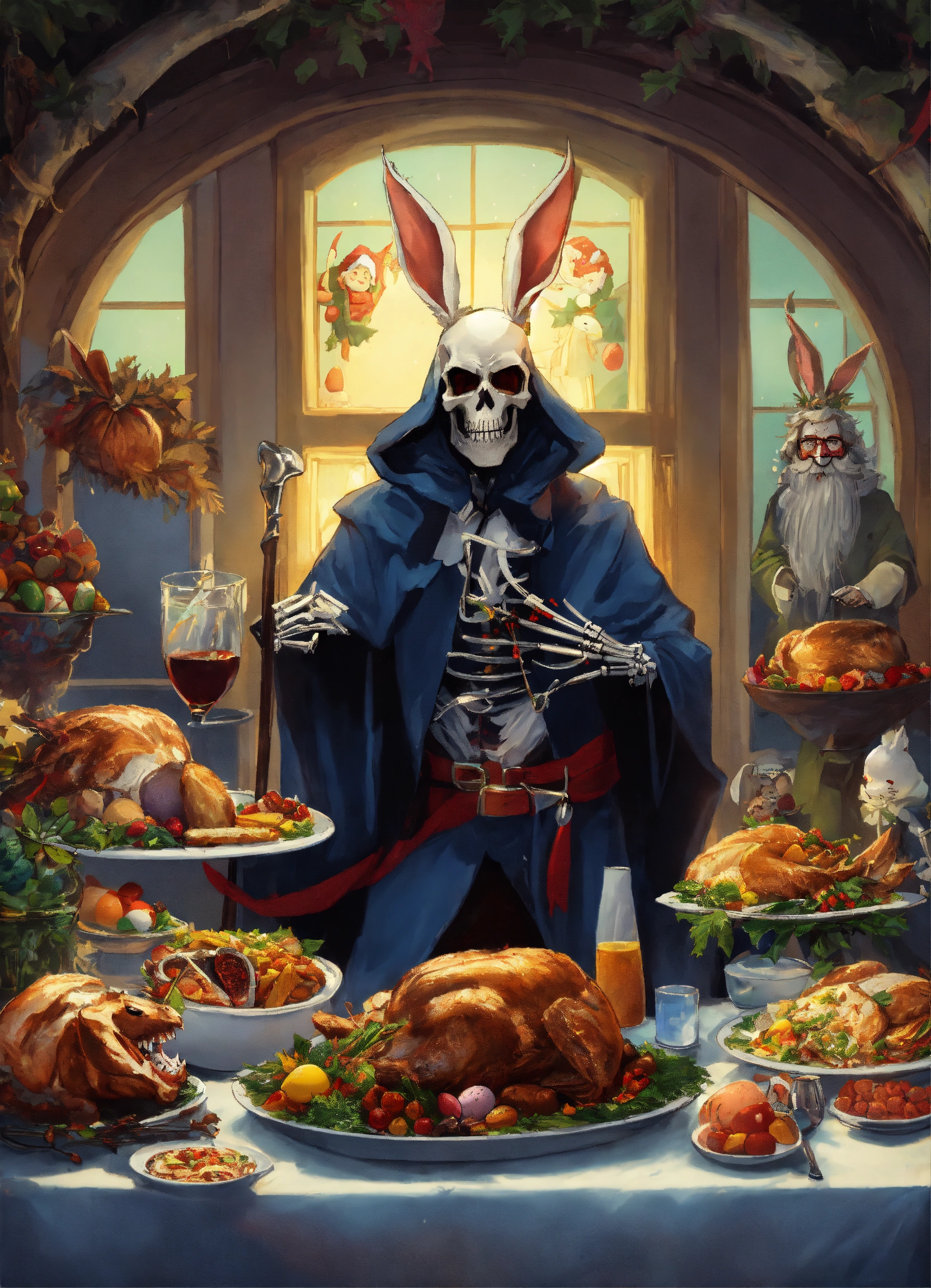 Lexica - Skeletal Grim Reaper in a dark robe, Santa Claus, Easter Bunny ...