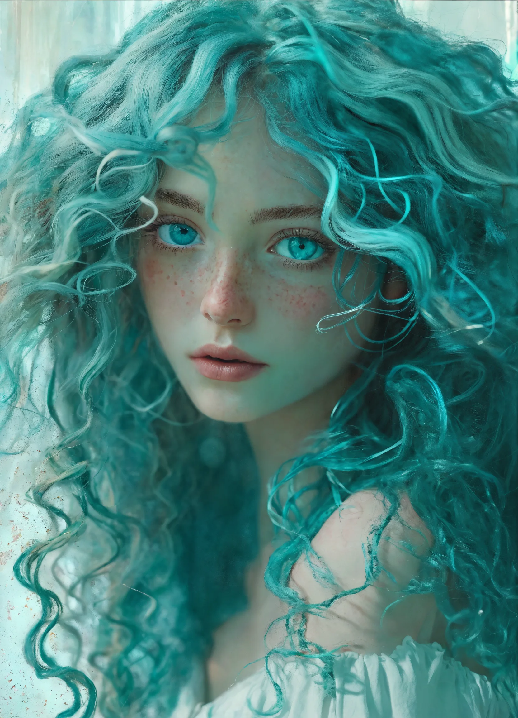 Lexica - Long teal curly hair, young white woman, blue eyes, Shabby ...