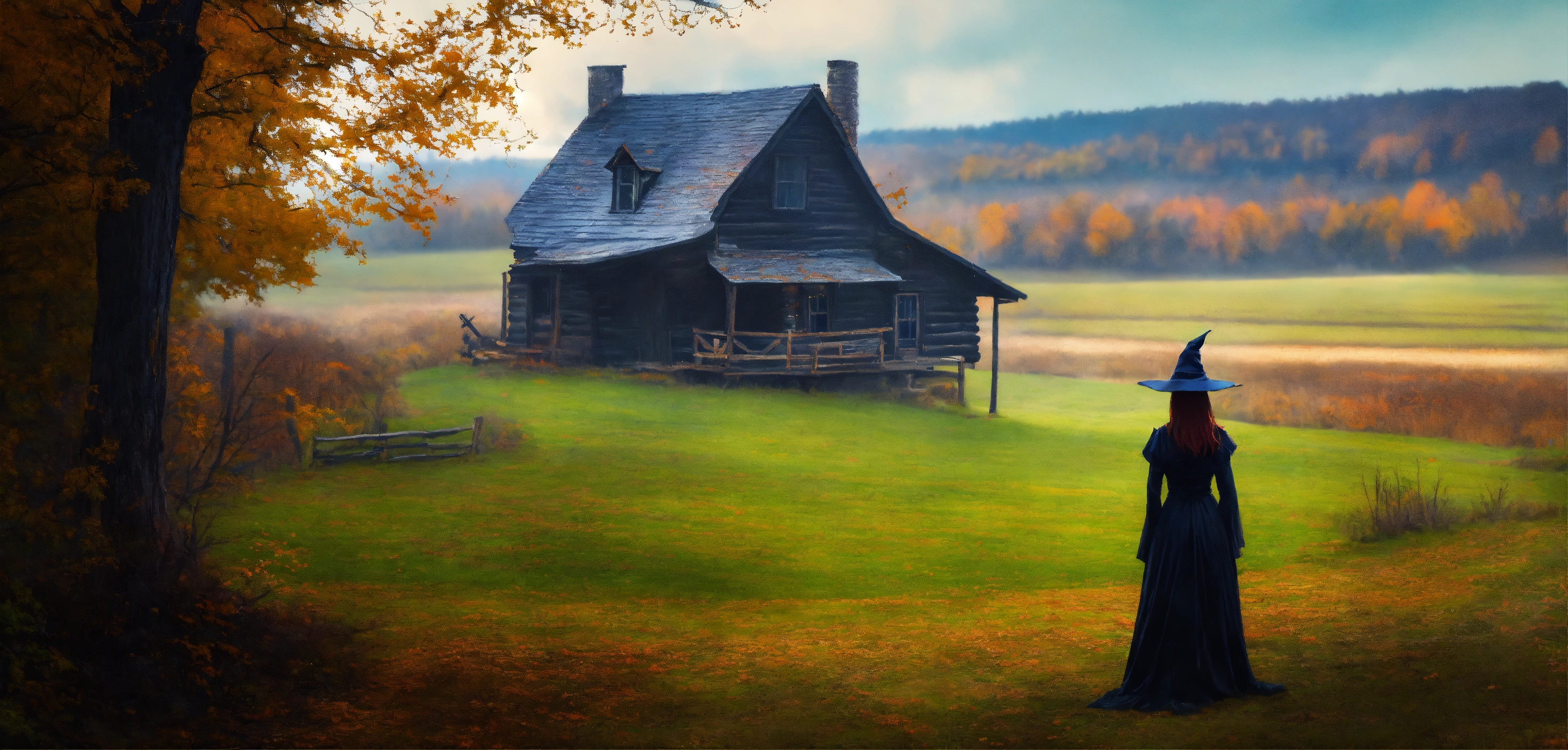 Lexica - Impressionist, one beautiful witch looking at cabin with a ...