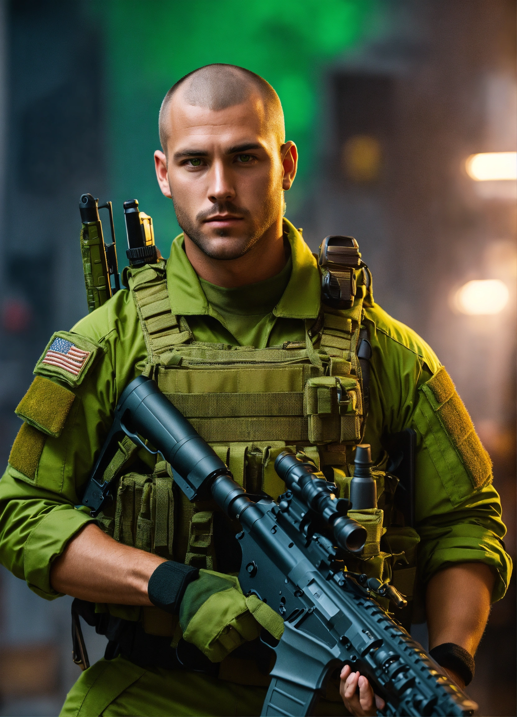 Lexica - A man in green tactical gear with brown hair, a 5 o clock ...