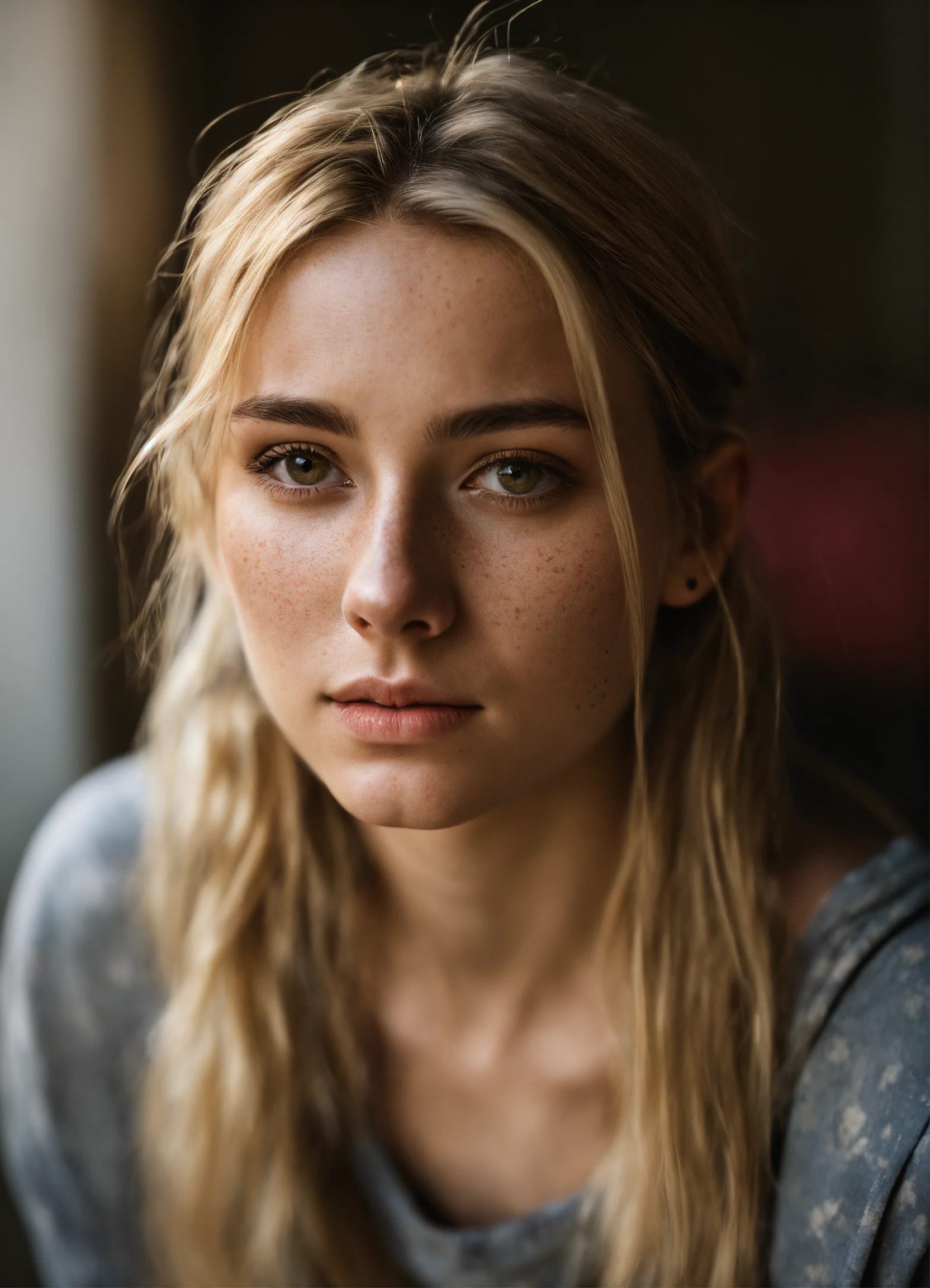 Lexica - Photo of a 20 years old girl with brown shiny eyes, blonde hair in a ponytail, deeply ...