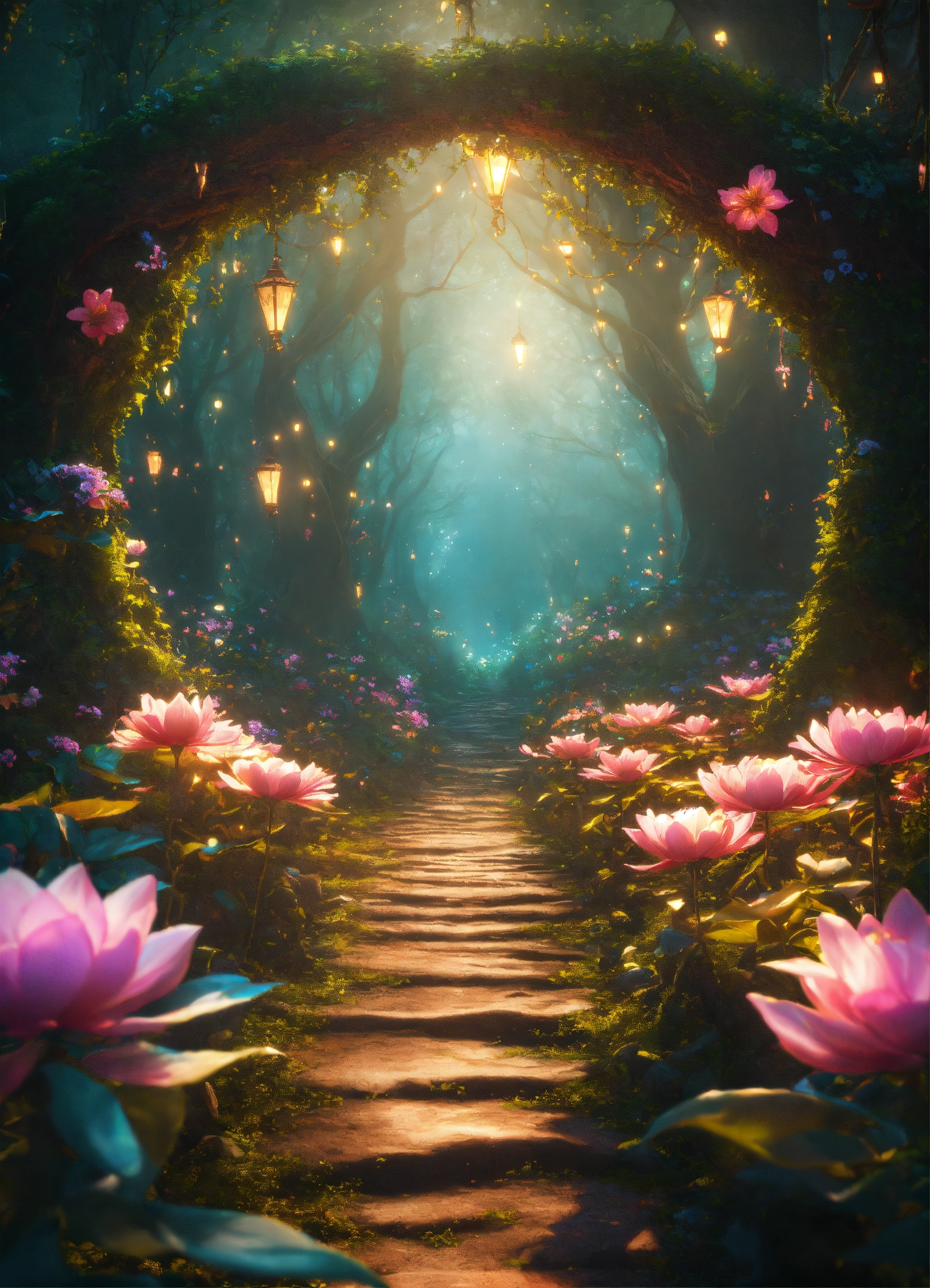 Lexica - A path through enchanted woods with gigantic enchanted flowers ...