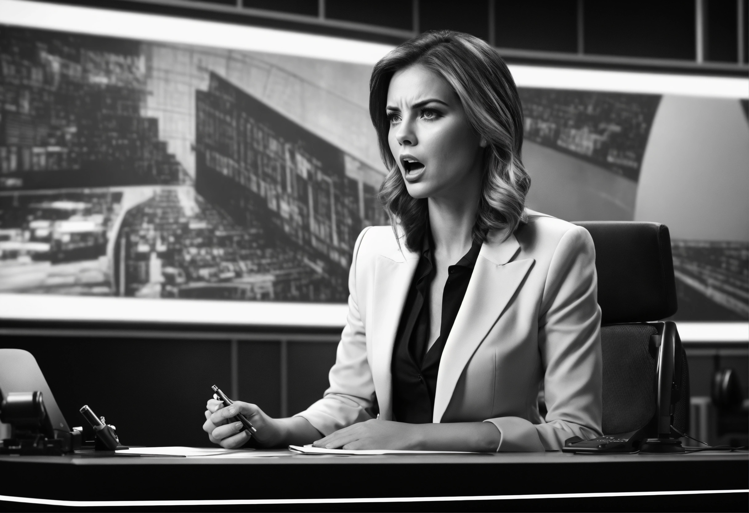 Lexica - Black and white illustration female news reporter, facing ...
