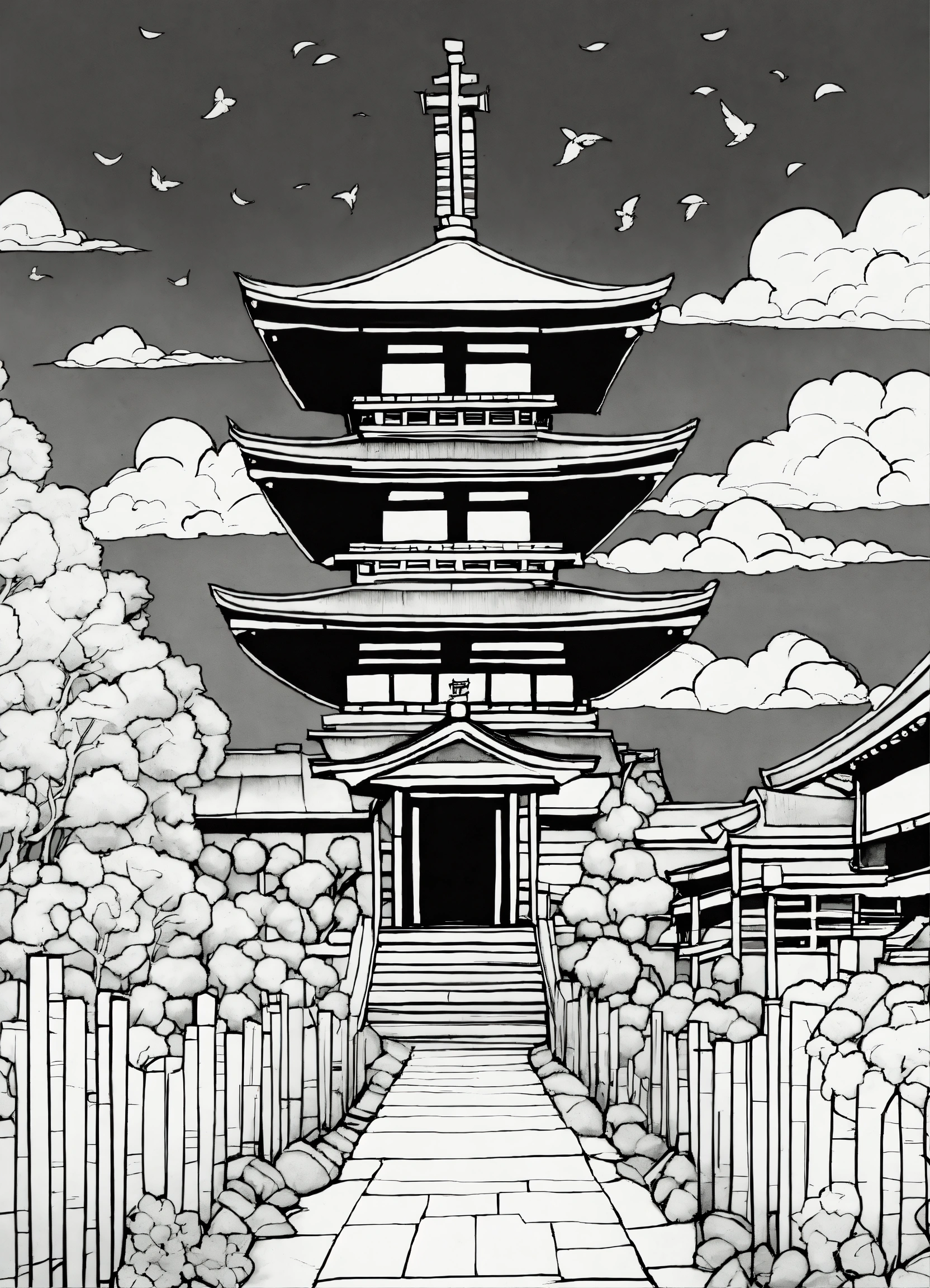 Lexica - A black and white line art drawing of santuario Fushimi Inari ...