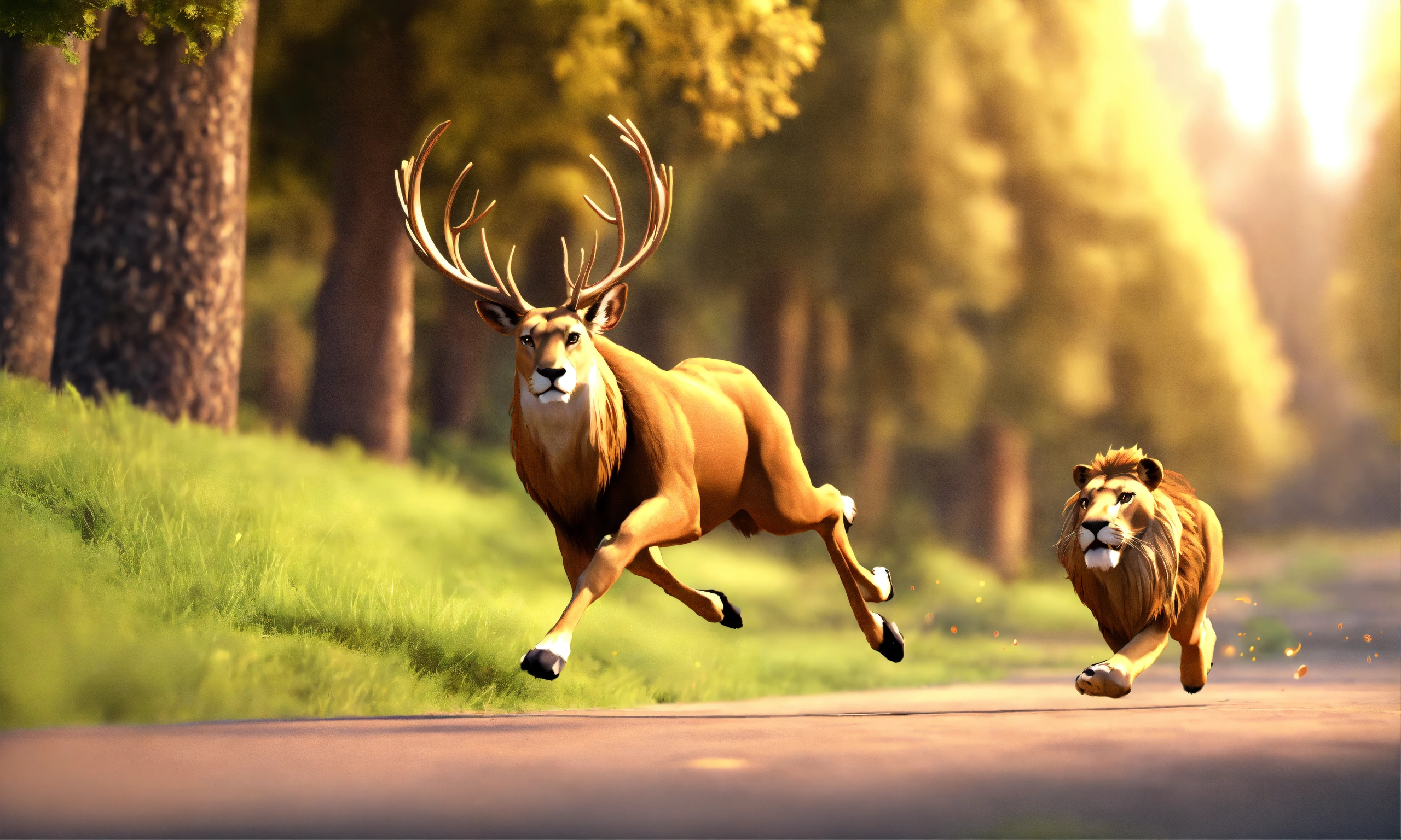 Lexica - 3d animation style cartoon deer running ahead behind it lion ...