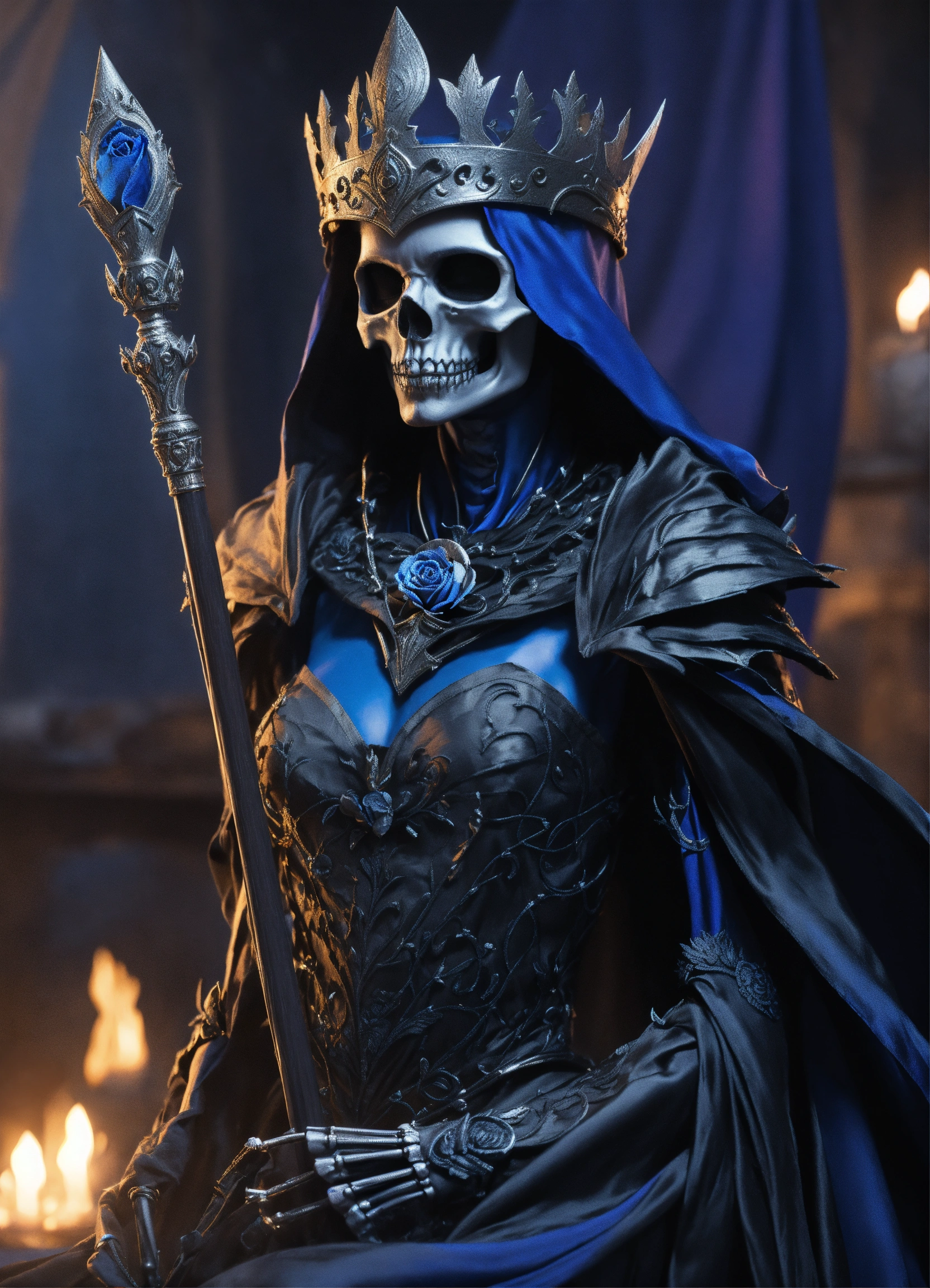 Lexica - Skeletal female lich queen with charcoal silk garbs covering ...