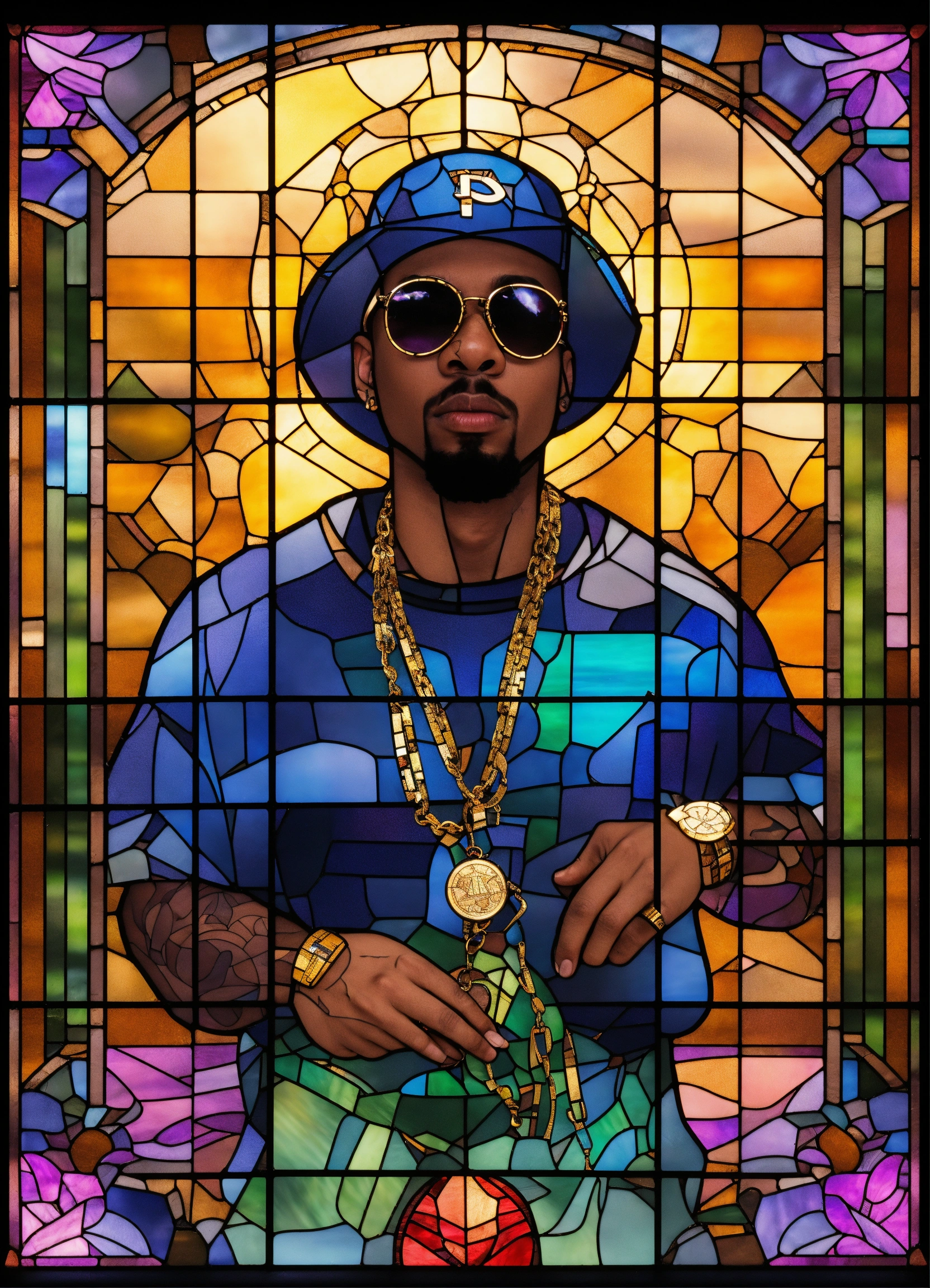 Lexica - HD, 4K, Background is a stained glass with images in the ...