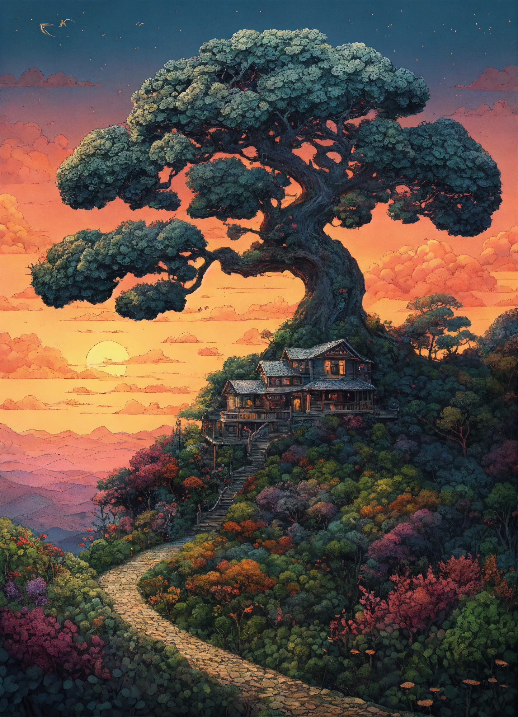 Lexica - Surreal giant tree on top of a hill, detailed, path up the ...