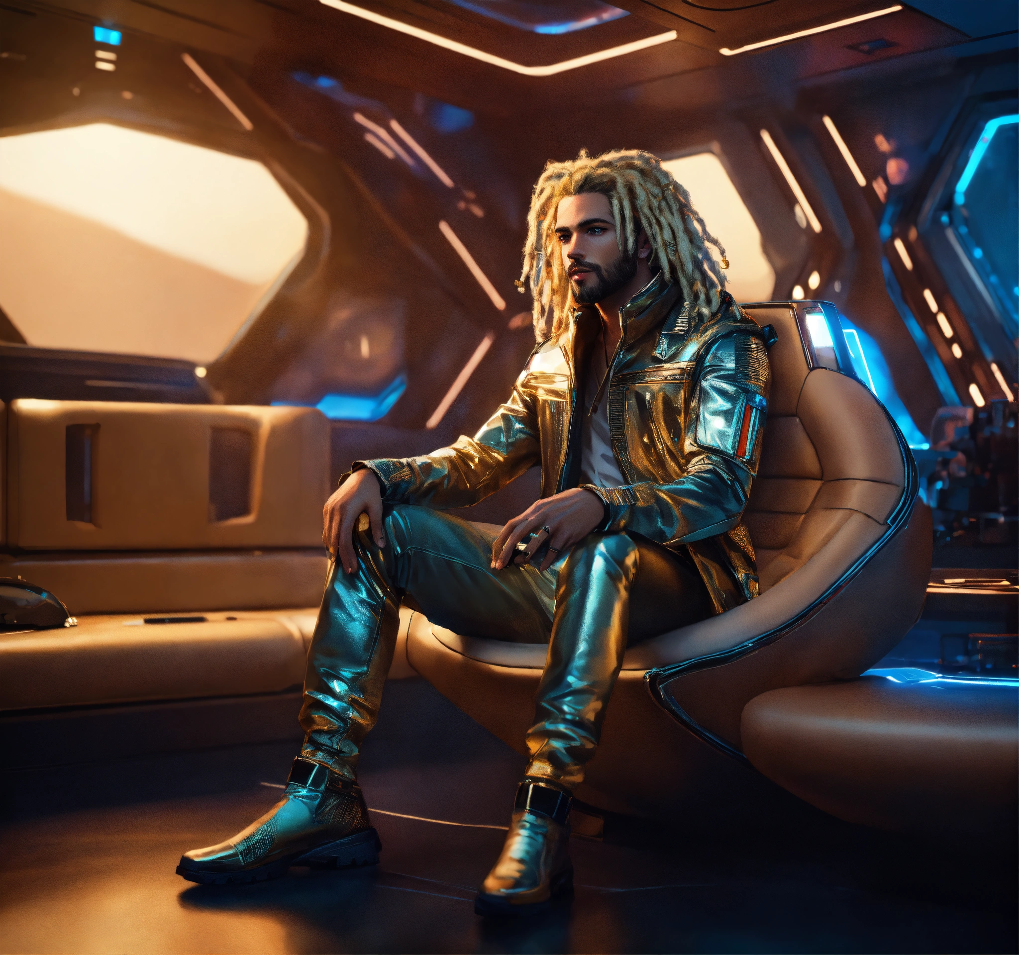 Lexica - Scruffy blonde dreadlock male rockstar in futuristic clothing ...