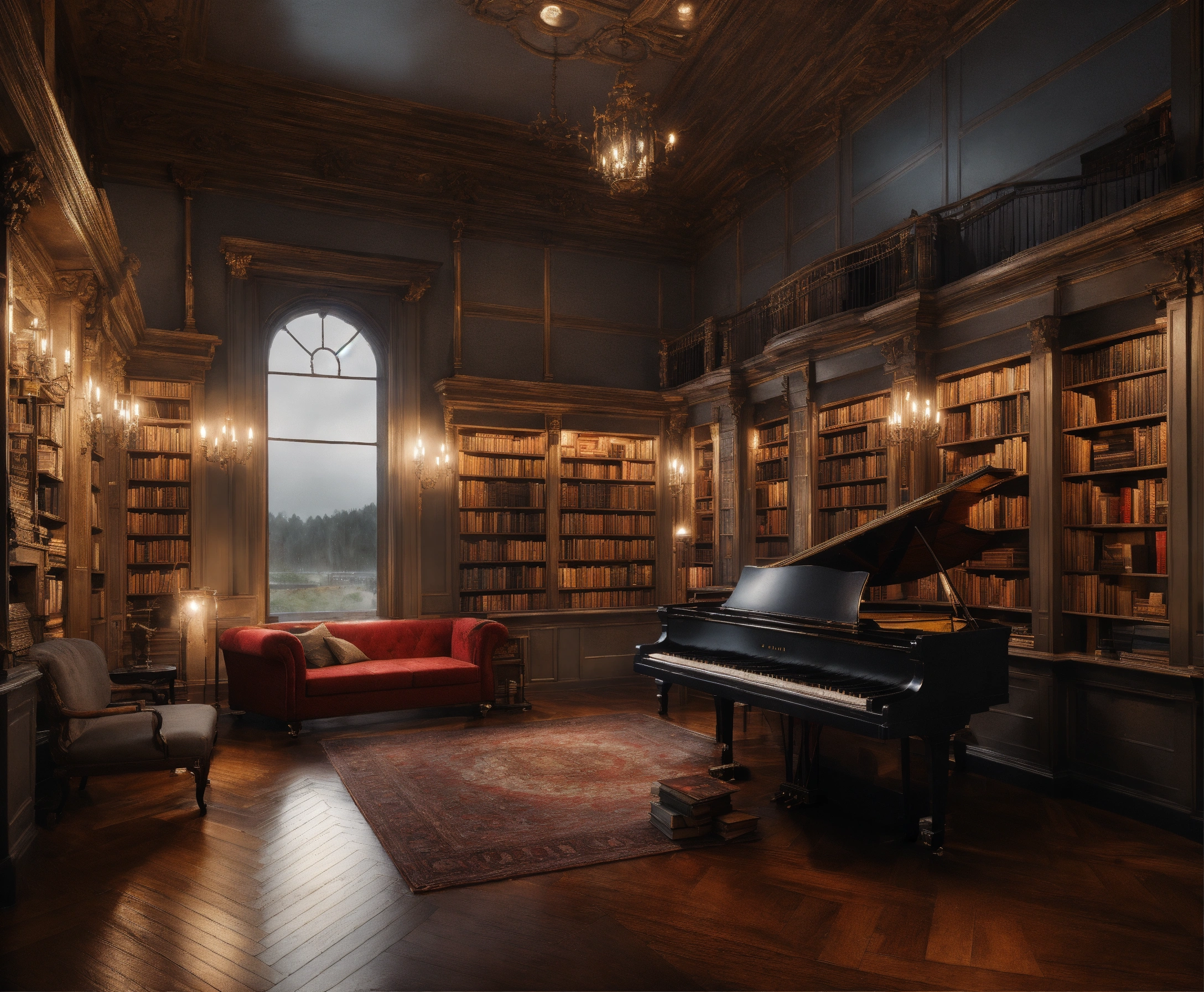 Lexica - Beautiful library with wooden floor, fireplace, red carpets ...