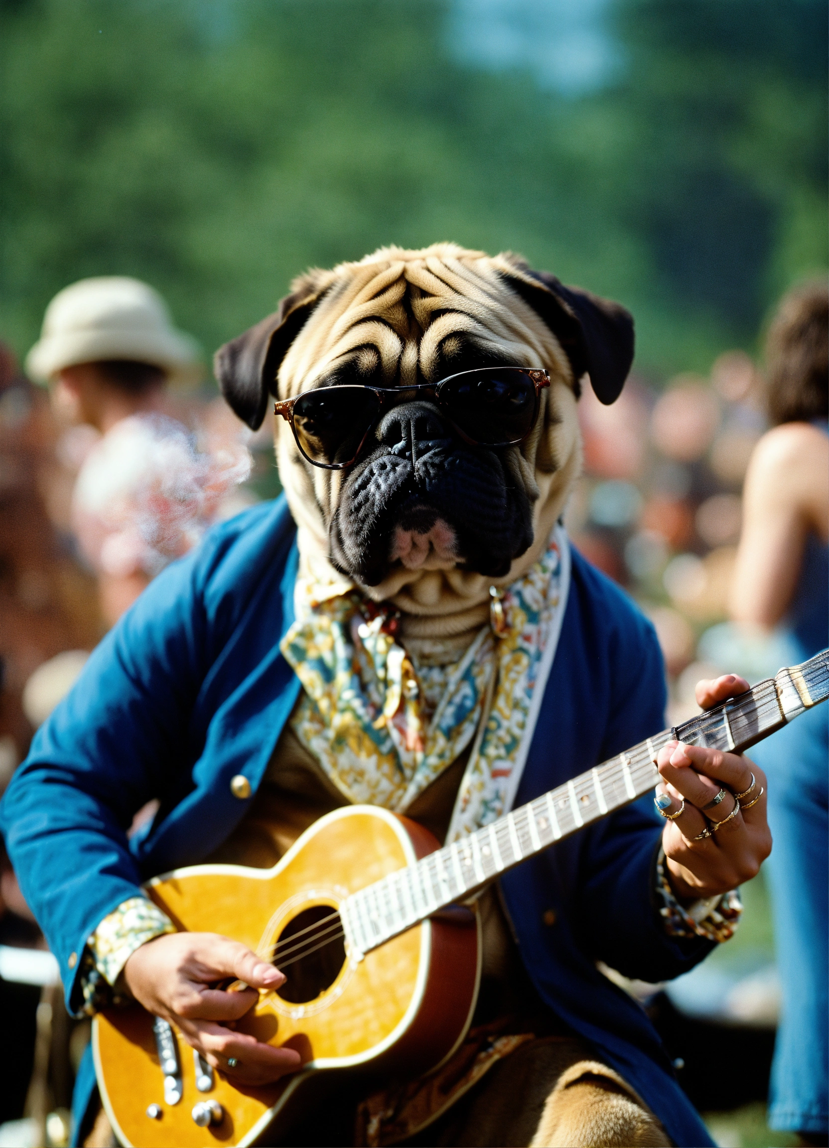 Lexica - A bulldog/pug playing guitar at a concert at Woodstock 1969 ...