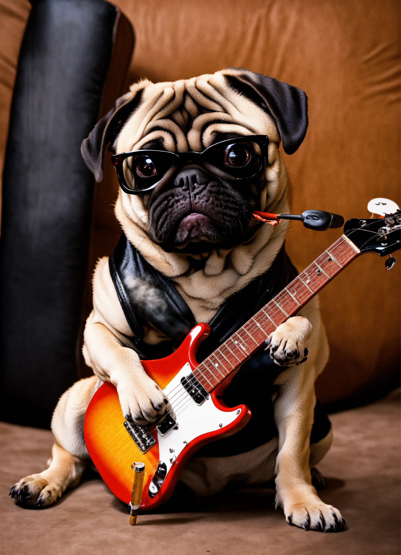 Lexica - A ruff pug playing electric guitar. Rock and roll. Smoking a ...
