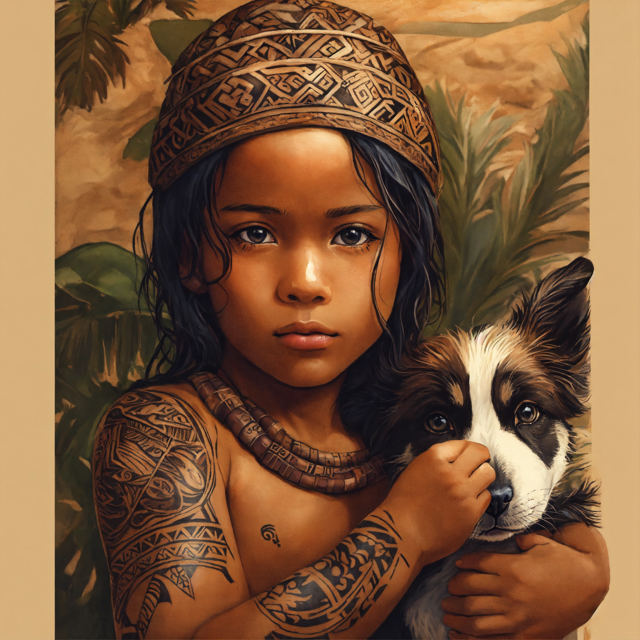 Lexica - Tahitian child playing with dog. Marquesan tattoo. Hyperealistic