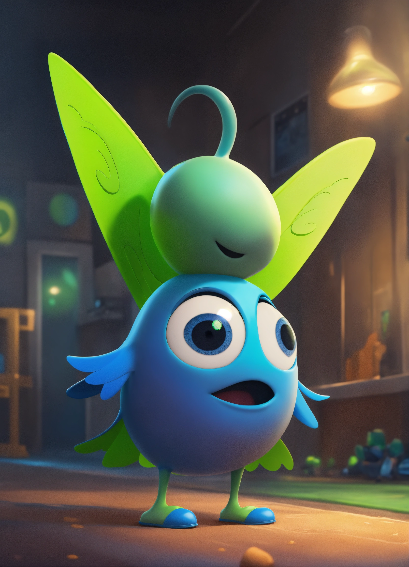 Lexica - A gray cartoon blob with one eye, bright green wings, and blue ...