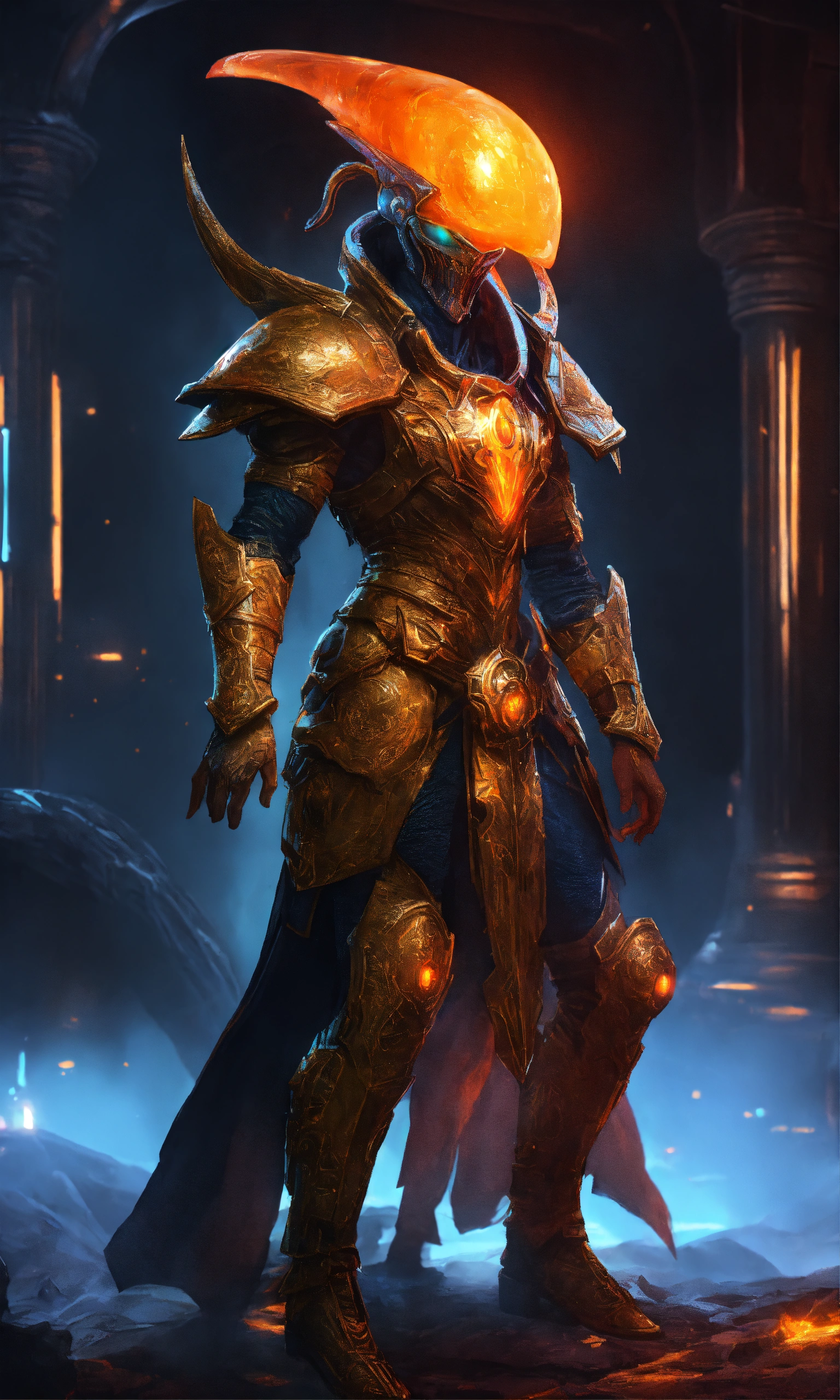 Lexica - Alien warlord king with glowing orange energy.